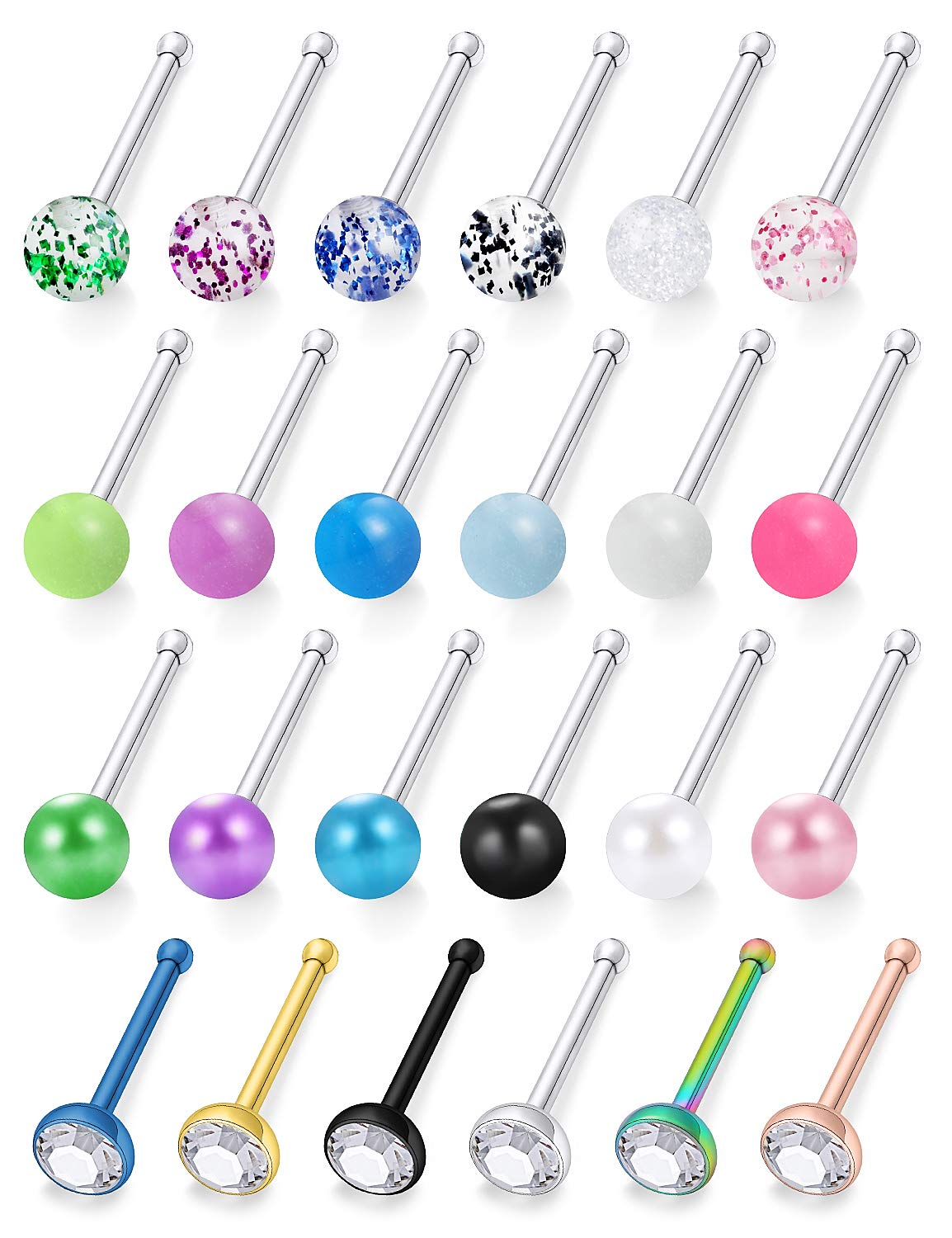 Lcolyoli 24Pcs 20G Externally Threaded Glow in the Dark Nose Studs Rings Bone Surgical Steel Nostril Pin Body Piercing Jewelry for Women Men 3mm Top