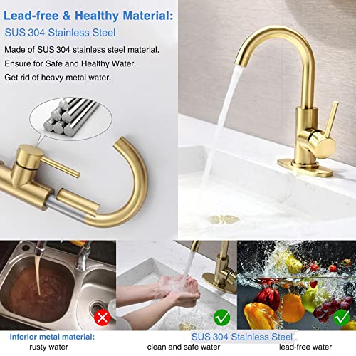 Single Handle Brushed Gold Bathroom Sink Faucet with Supply Hose, 360° Swivel Gold Bar Sink Faucet with Deck Plate, Gold RV Bathroom Basin Faucet for 1-3 Hole Installation