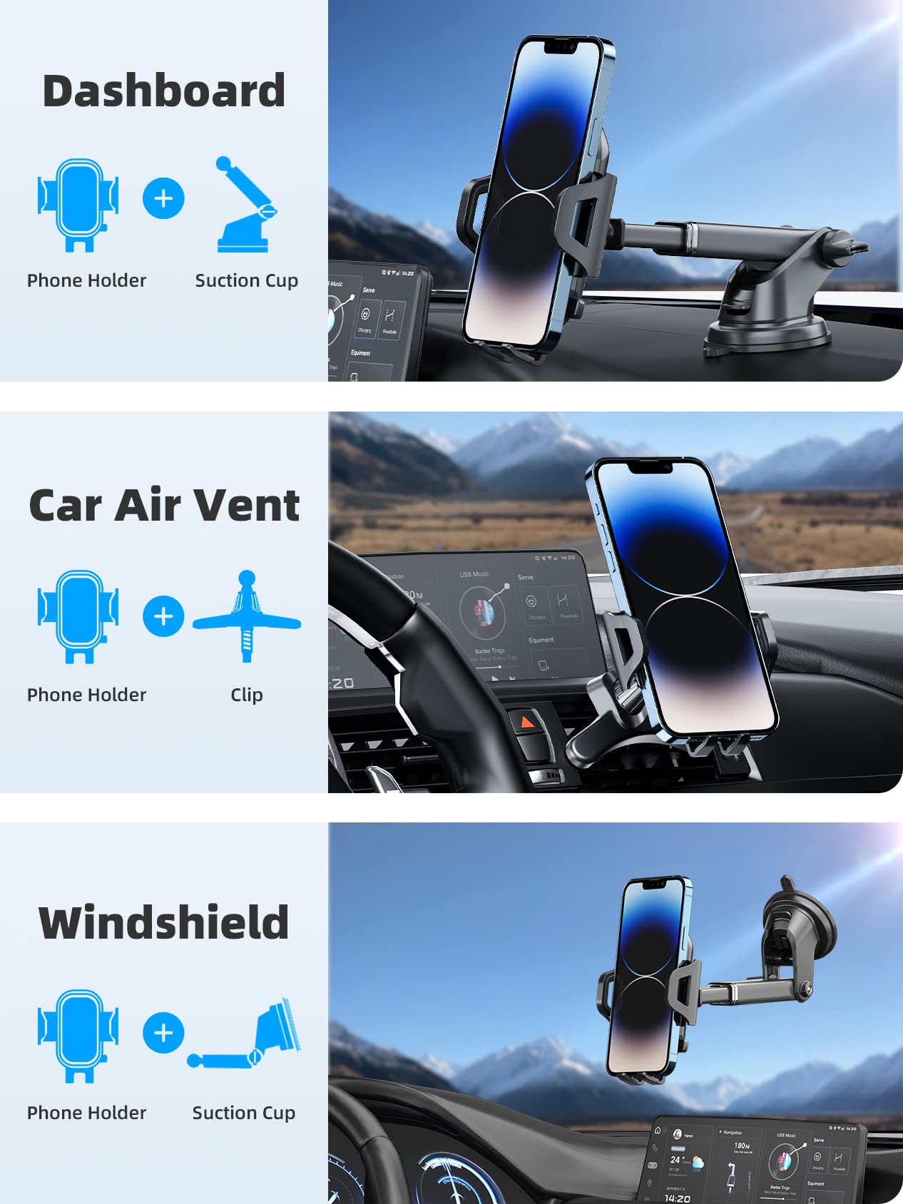 Phone Holder Mount for Car [ Off-Road Level & Stable Hook ] Windshield Dashboard Air Vent Universal Hands-Free Automobile Mounts Cell Phone Holder Fit for iPhone Smartphones