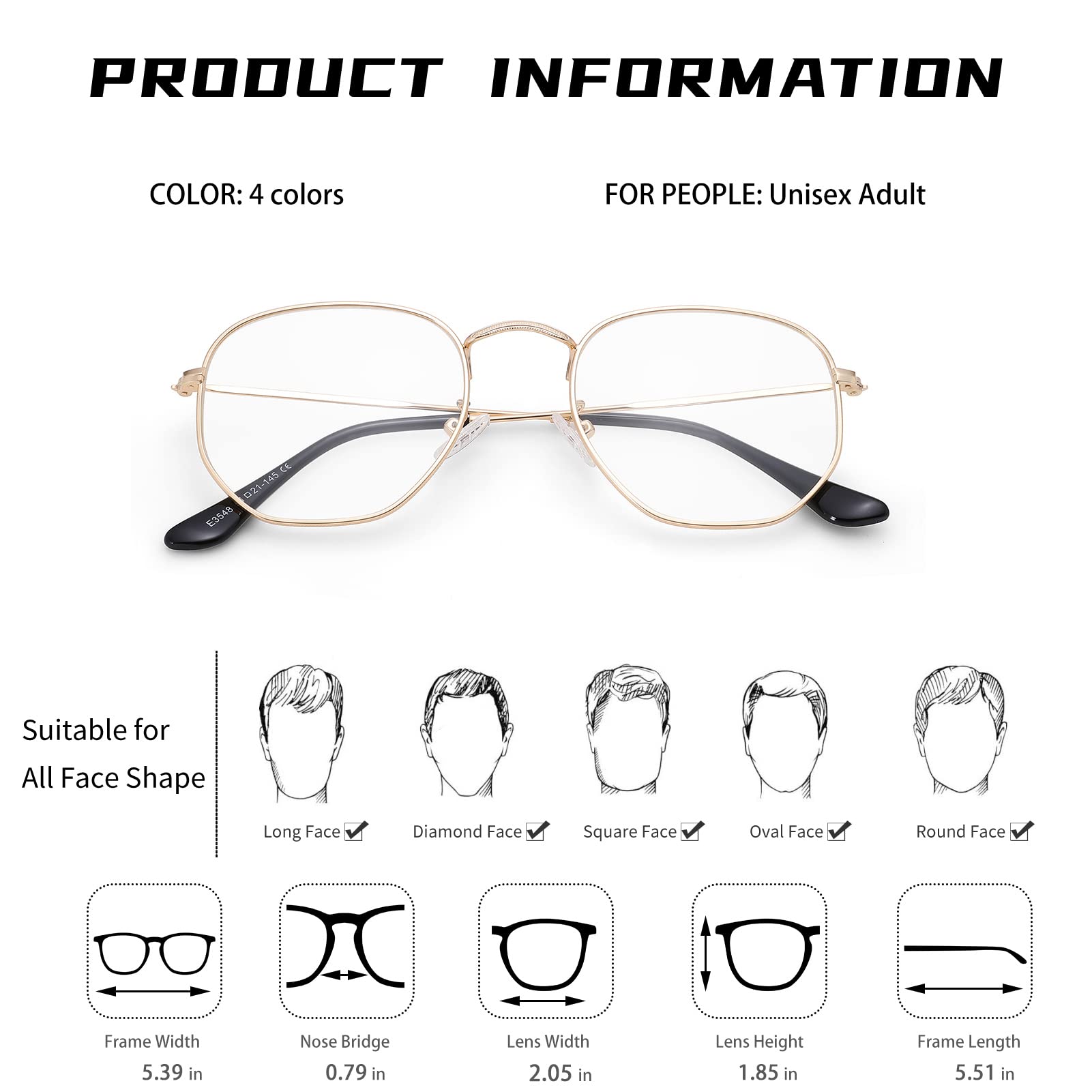 Pro Acme Hexagonal Non-Prescription Glasses Frame for Women Men Designer Square Round Metal Clear Lens Eyeglasses (Gold)