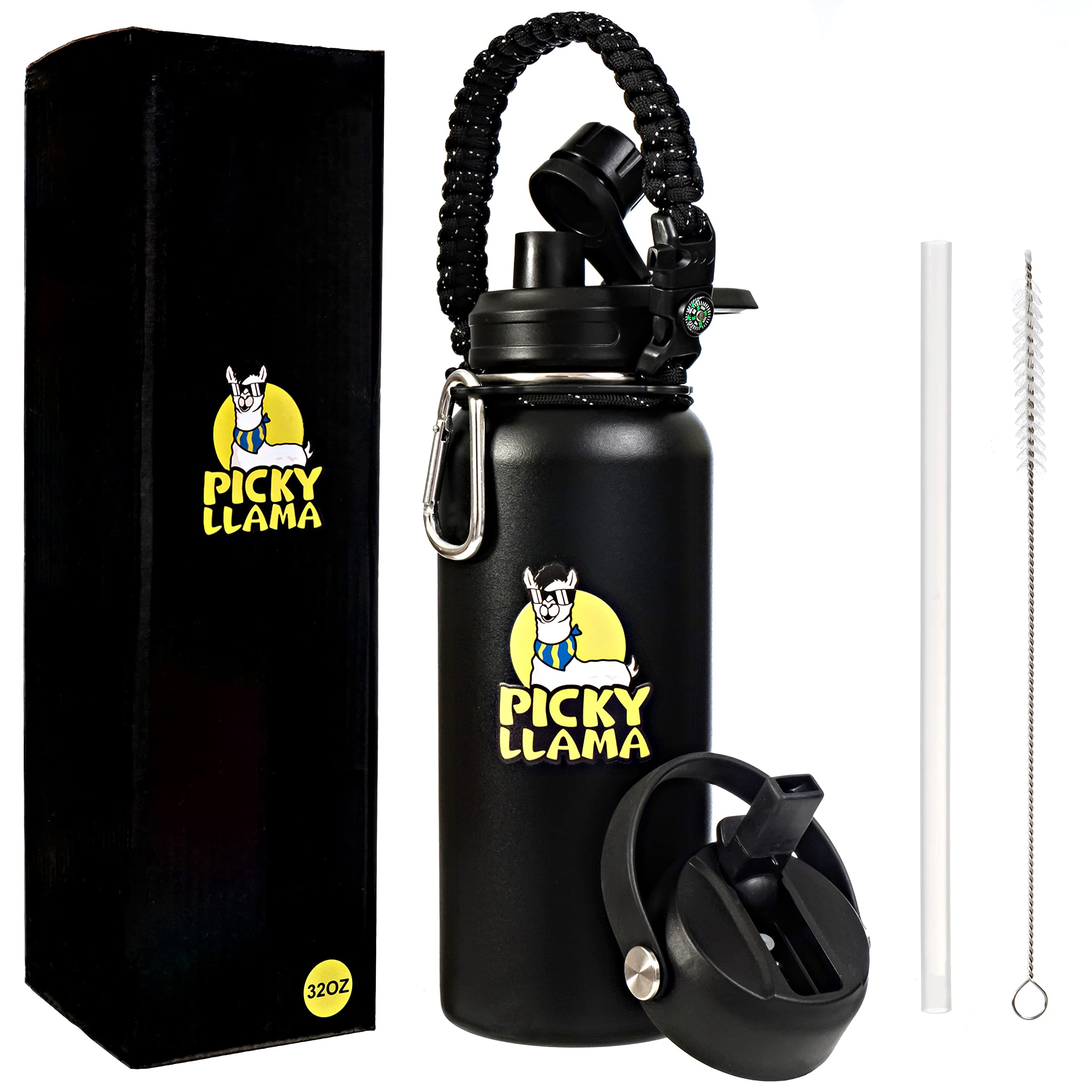 Picky Llama Sports Water Bottle - 32oz, 2 Lids (Straw & Spout), Paracord Handle, Leak Proof, Vacuum Insulated Stainless Steel, Double Walled, 24 Hours Cold, 12 Hours Hot, Reusable (32oz, Black)