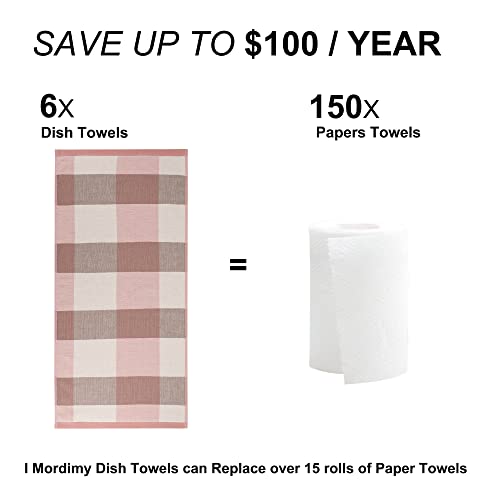 PiccoCasa 100% Cotton Terry Kitchen Towels, Big Buffalo Check, 6 Pack Soft Absorbent (13 x 29 Inch) Quick Dry Dish Towels - Pink, White