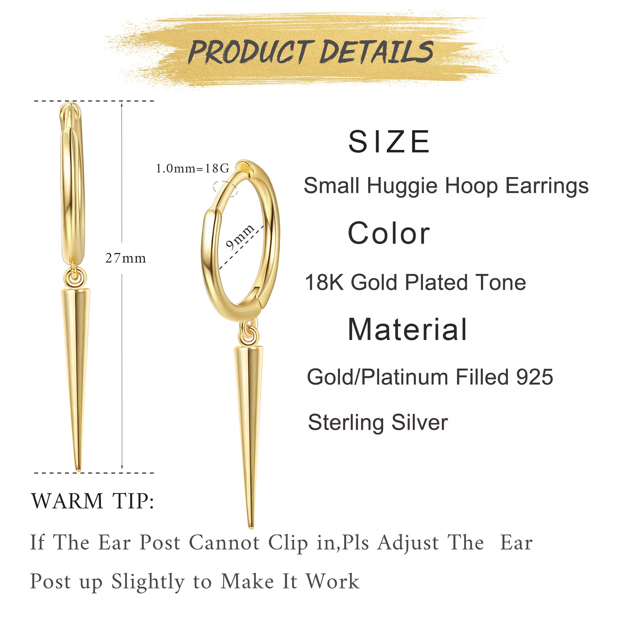 Milacolato 925 Sterling Silver Minimalist Spike Dangle Hoop Earrings for Women 18K Yellow Gold Plated Drop Charms Hoops Punk Earrings