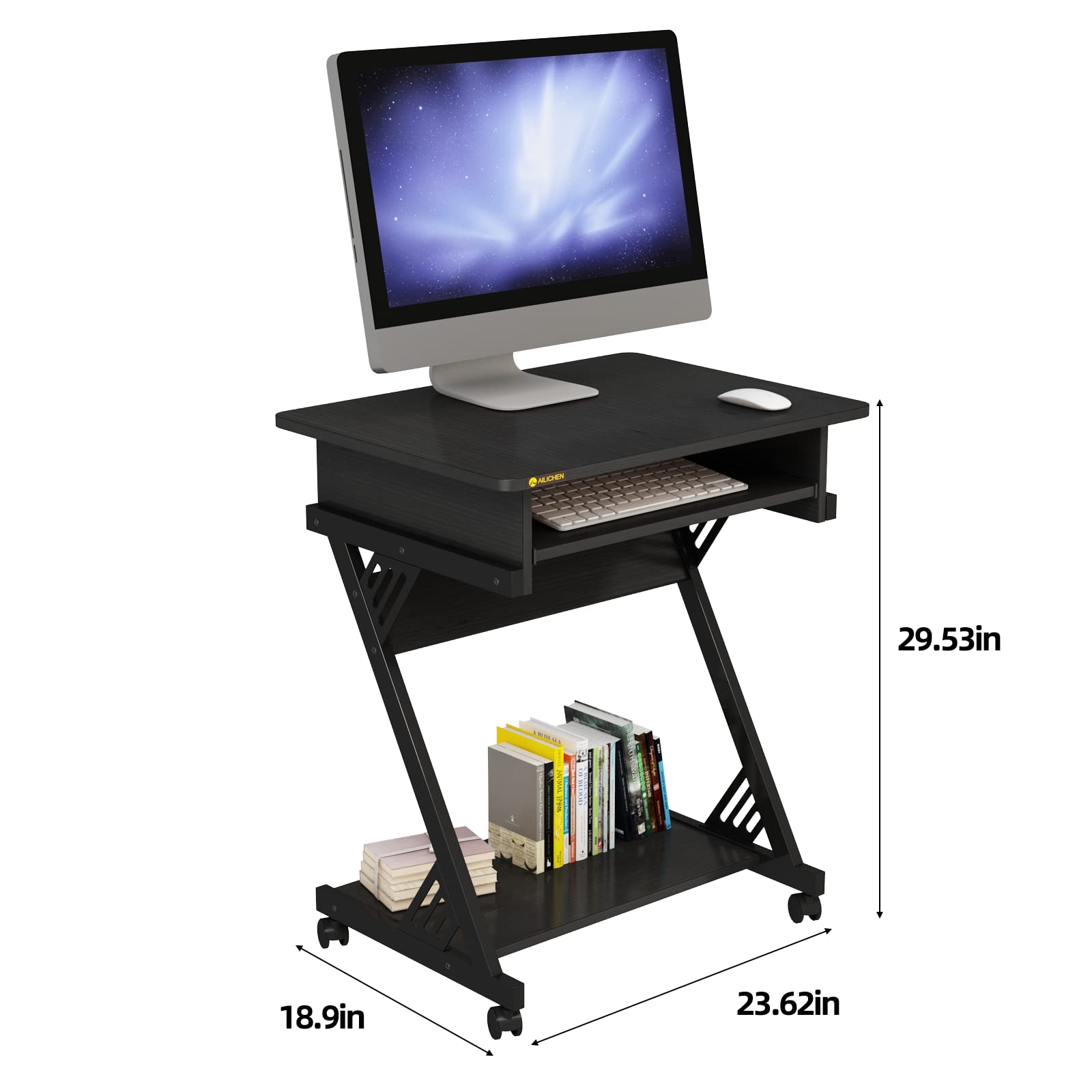 MULKGLOBAL Rolling Computer Desk with Keyboard Tray Compact Computer Cart with Storage Mobile Computer Desk for Small Space,Black