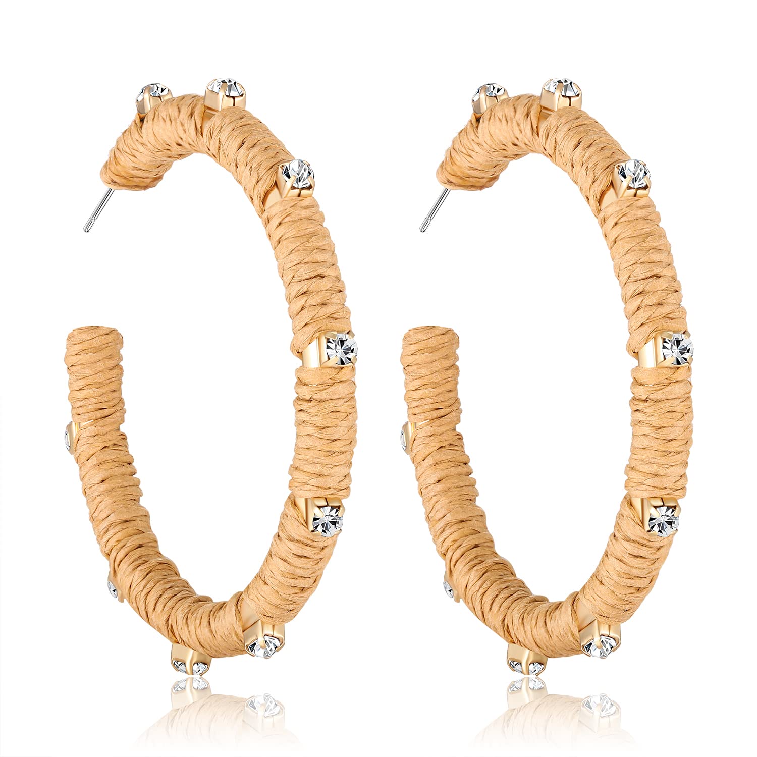 Rattan Earrings for Women Boho Statement Rhinestone Rattan Big Hoop Earrings Handmade Raffia Woven Straw Wicker Earrings Summer Beach Jewelry Gifts(Brownļ¼