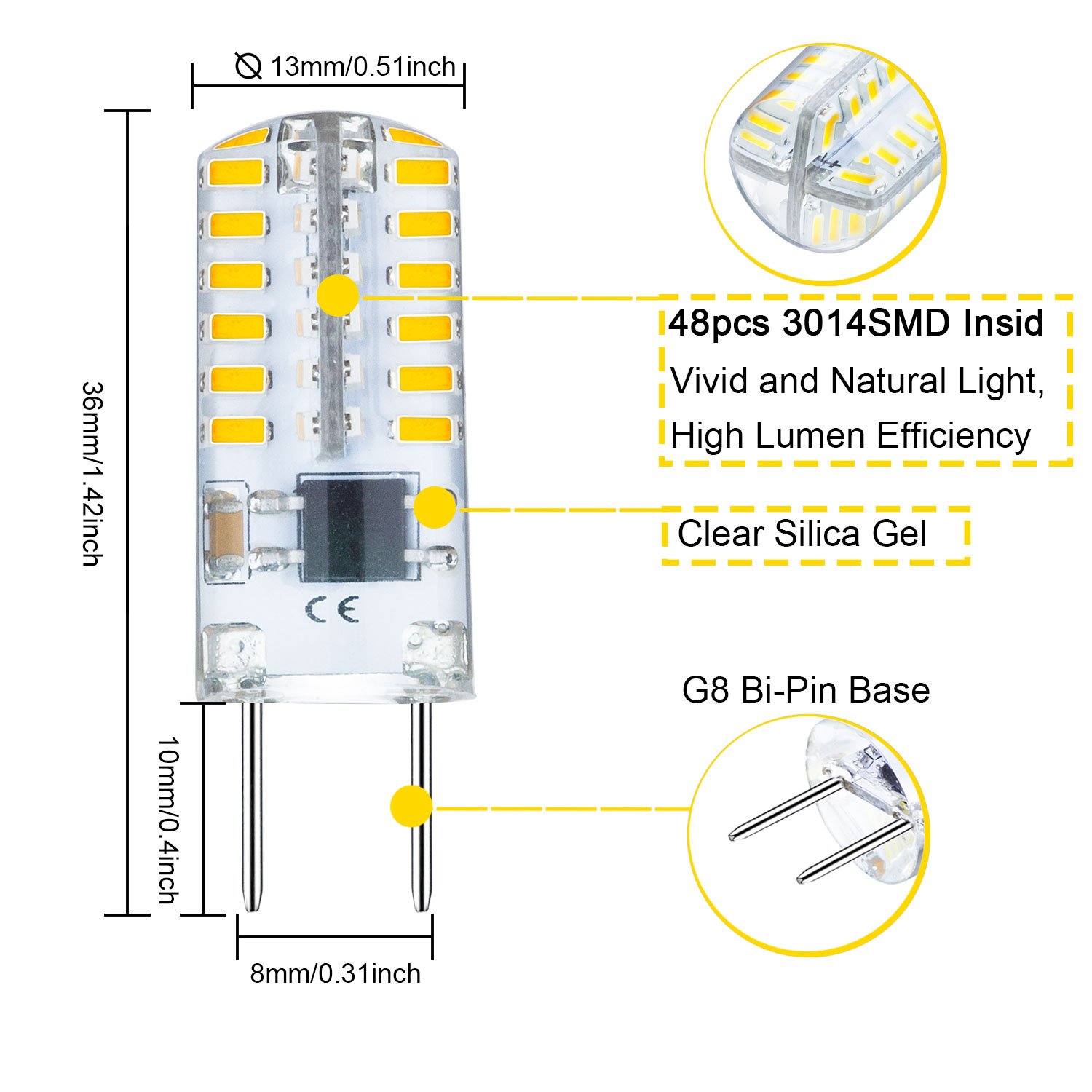 LEKE G8 Bulb T4 G8 bi pin LED Bulb 2.5W Equivalent to G8 Halogen Bulb 20w,G8 LED Dimmable Light Bulb Warm White 3000k,AC 110v 120v 130v(6 Pack)