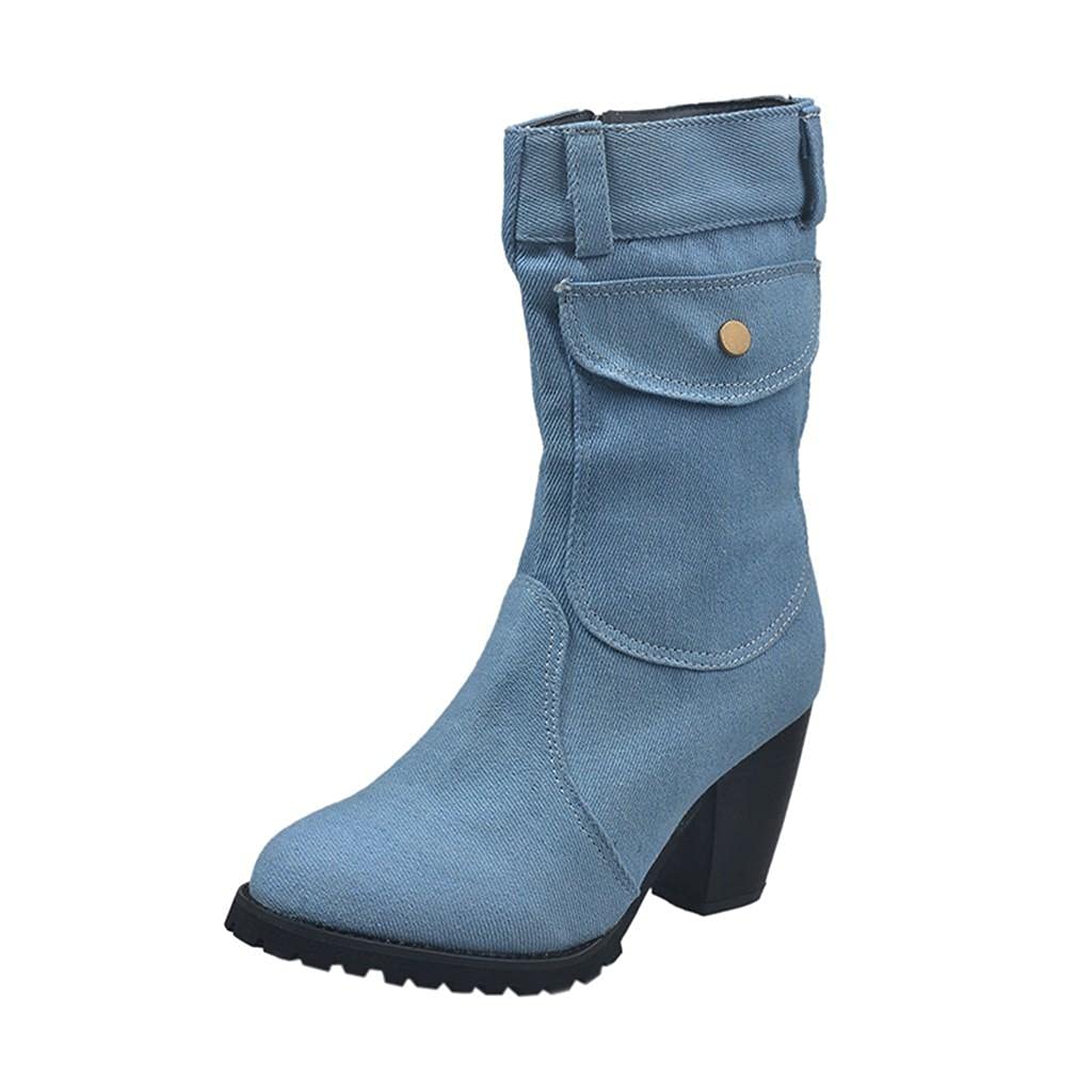 NOLDARES Women's Mid Calf Boots Pointed Toe Pull On Canvas Mid Heel Cowgirl Boots Women Chunky Heel Boots