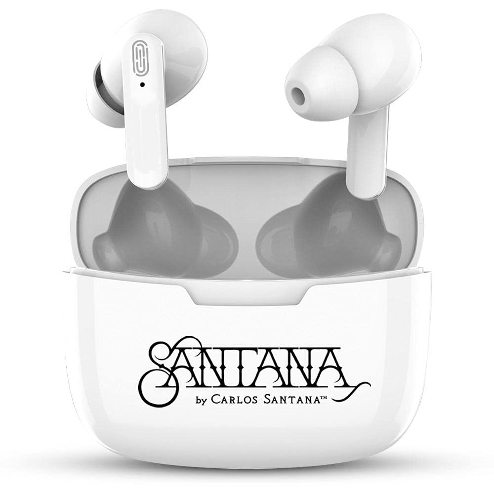 Mambo by Carlos Santana, True Wireless Earbuds Bluetooth Headphones with Charging Case, Bluetooth Earbuds with Voice Isolating Microphone, Deep Bass Stereo Headsets for Sports & Gaming, White