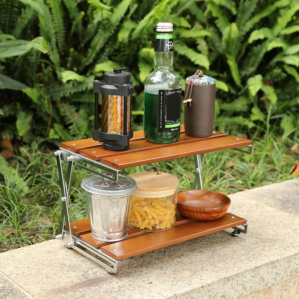 VANZAVANZU Folding Storage Rack 2-Tier Natural Wood Desktop Organizing Rack Multi-Function Indoor Outdoor Household Storage Shelf for Camping & Kitchen (yellowish brown)