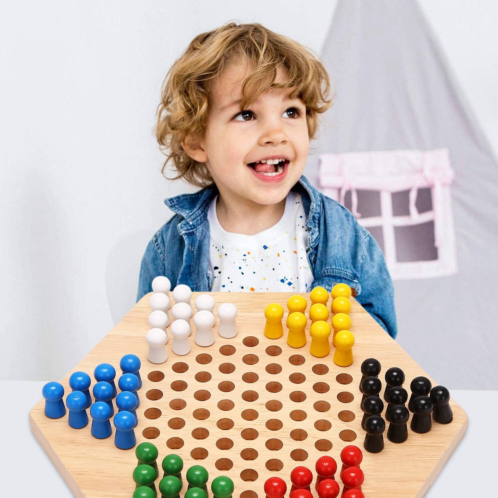 Spacesea Traditional Hexagon Wooden Chinese Checkers Family Game Set