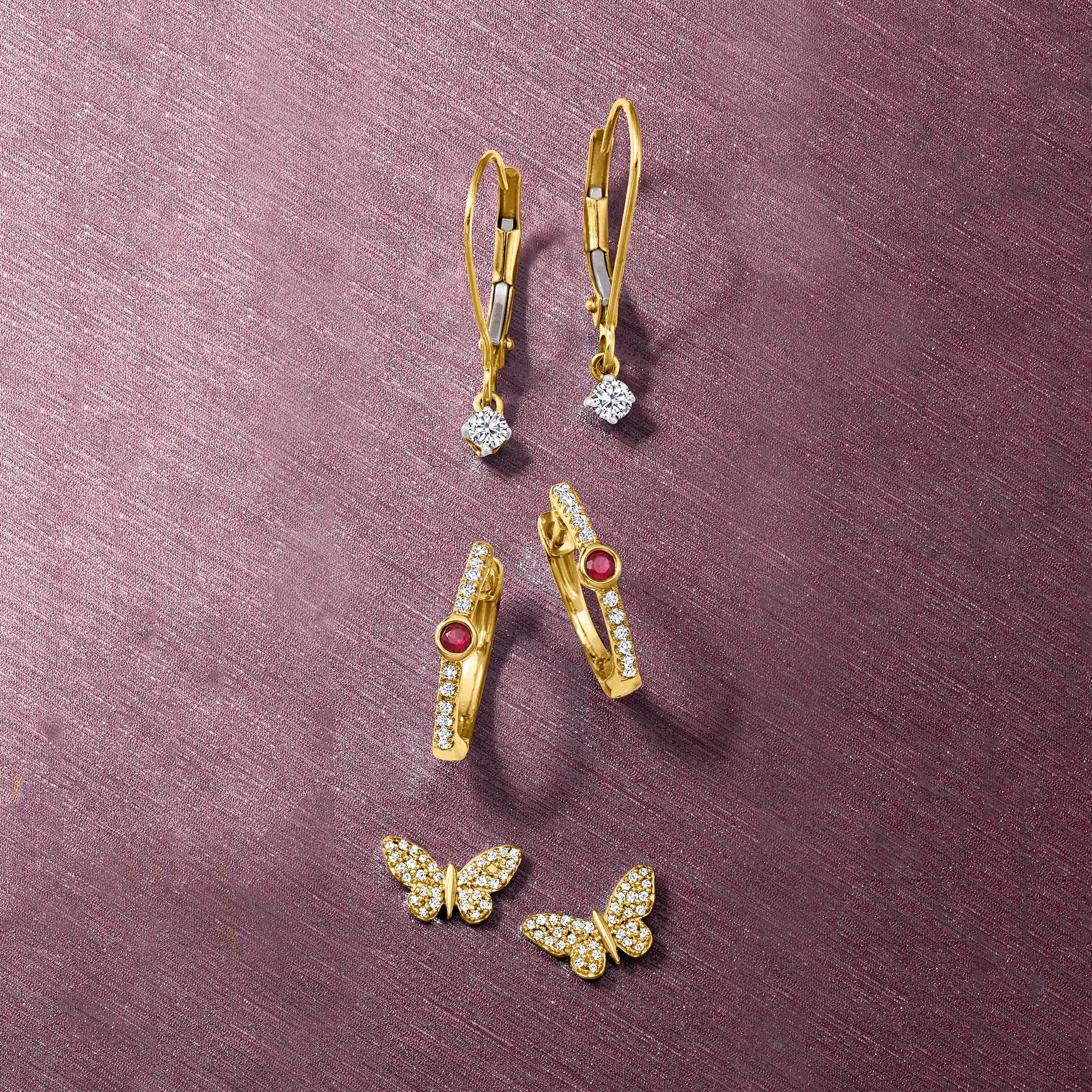 RS Pure by Ross-Simons Ruby and Diamond-Accented Huggie Hoop Earrings in 14kt Yellow Gold