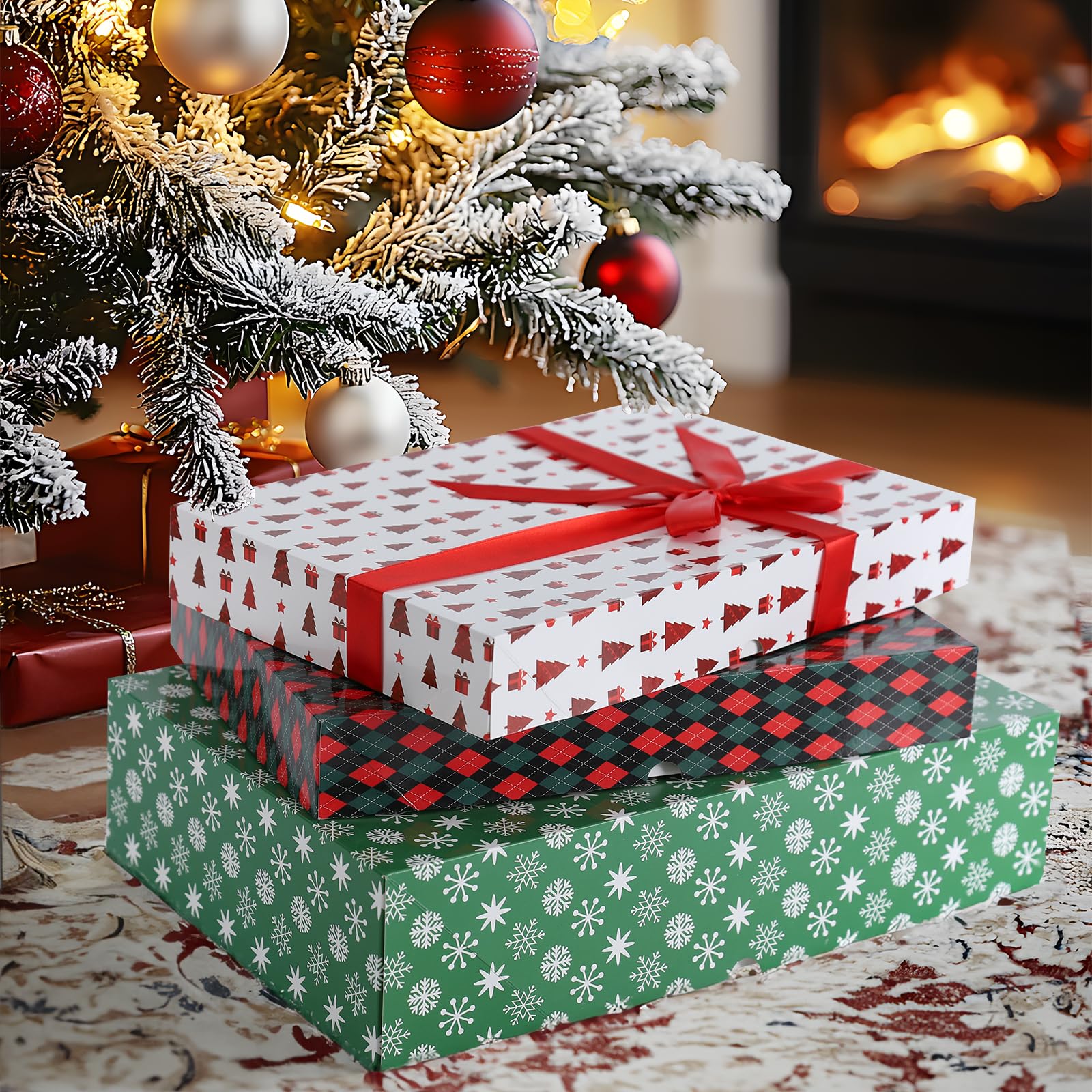 YANGTE 12 Christmas Gift Boxes with Lids for Presents Contains 6 X-Large Gift Boxes 4in Deep, 6 Large Shirt Boxes 2in Deep for Christmas, Holidays Wrapping Gifts Red, Green and White Shirt Boxes