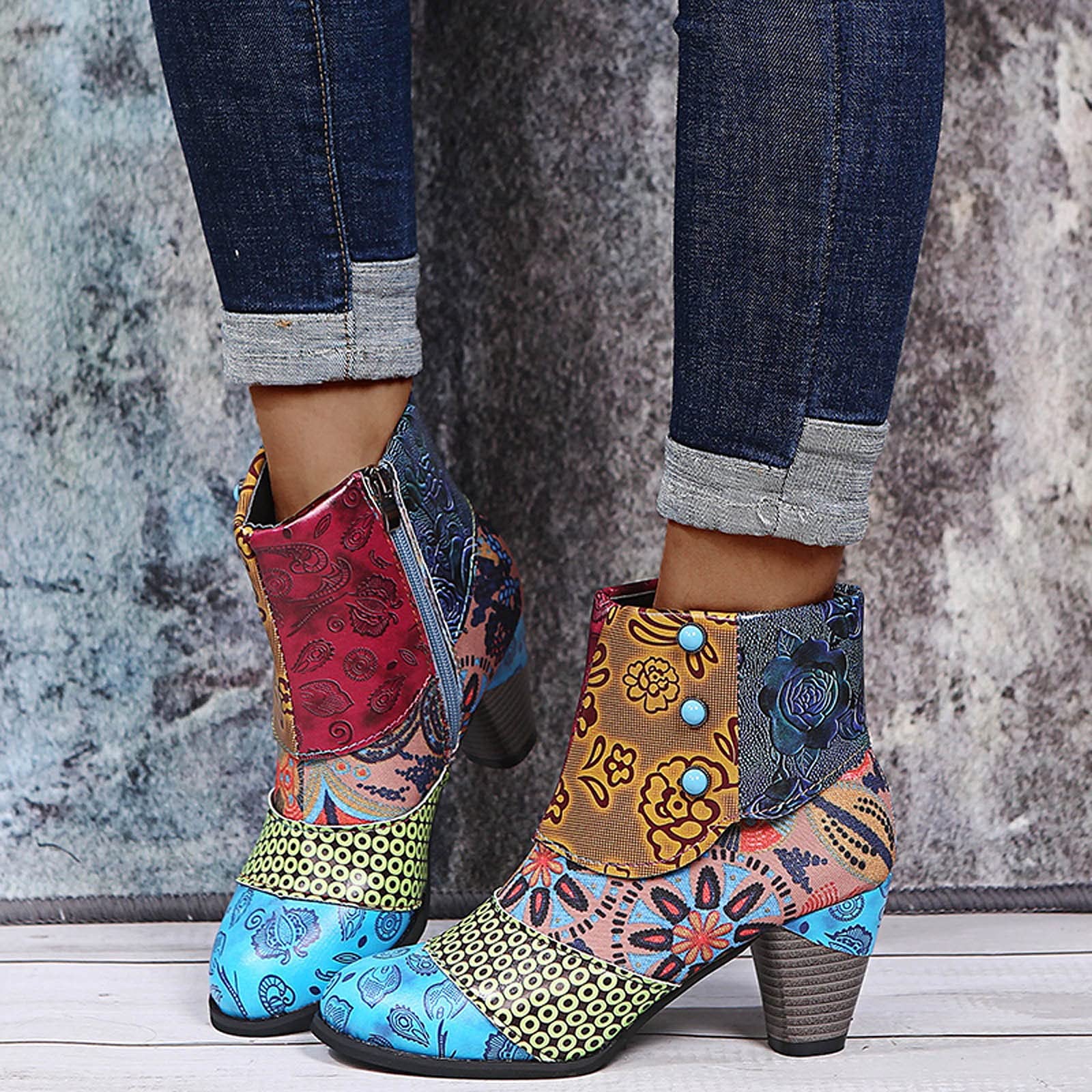NOLDARES Cowboy Boots for Women Chunky High Heels Retro Zipper Boots Colorful Printed Booties Point-Toe Boots for Women, Multicolor, 10