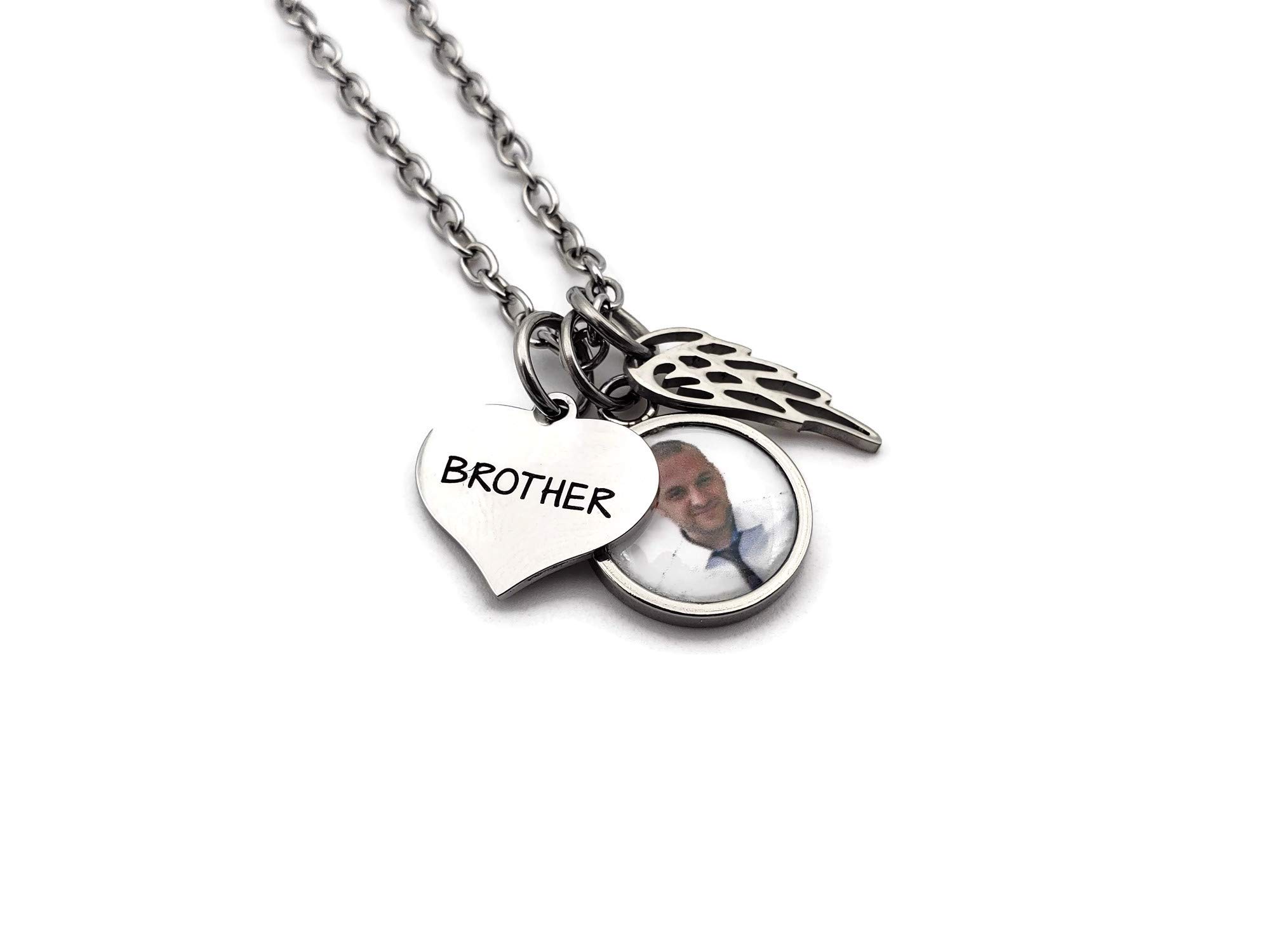Loss of Brother Memorial Necklace, Photo Jewelry with Picture Charm, Condolence Gift for Brother in Heaven, Angel Wing Remembrance Jewelry