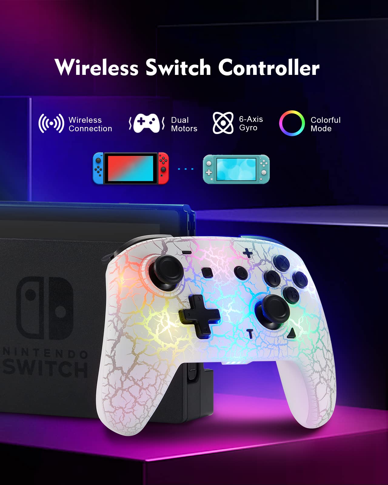 Switch Controller, Switch Pro Controller Compatible with Switch/Switch Lite, Wireless switch carck controller with adjustable 7 LED Colors/ Motion Control/Dual Vibration/Turbo Wireless Remote Gamepad (White)