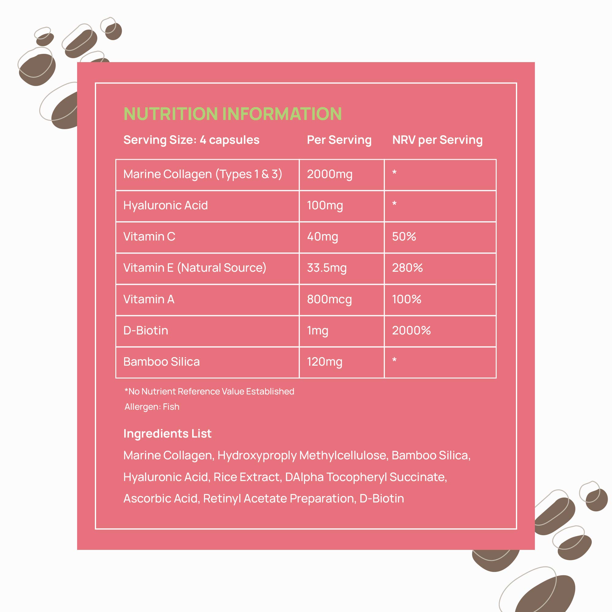 Marine Collagen Capsules 2000mg, Hyaluronic Acid, Silica, Biotin, Vitamin A, E & C Hair, Skin, Nails & Joint Support Tablets Natural Peptide Multivitamin Supplement