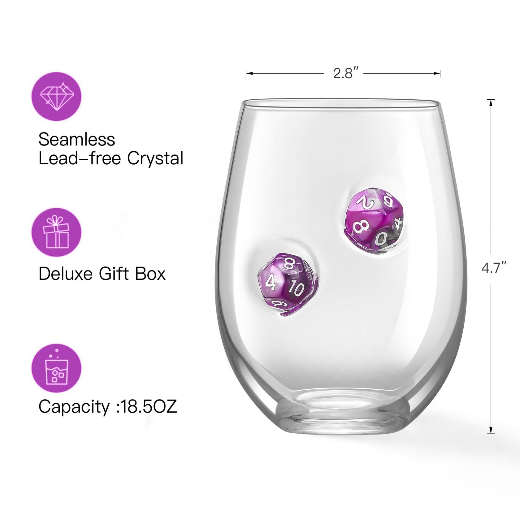 LIIGEMI Stemless Wine Glass with DND Dice Embedded, Handmade Red Wine Glasses, Drinking Glasses, 18.5 oz,Set of 2,Gift for D&D or RPG Player (Purple)
