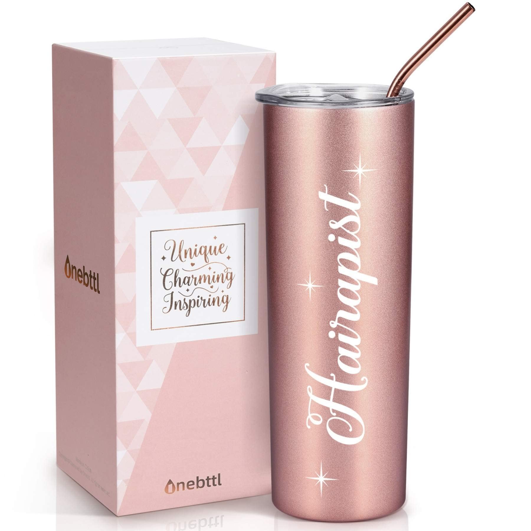Onebttl Hair Stylist Gifts For Women, Female, Her - Hairapist Love is in the Hair - 20oz/590ml Stainless Steel Insulated Tumbler with Straw, Lid, Message Card-(Rose gold)