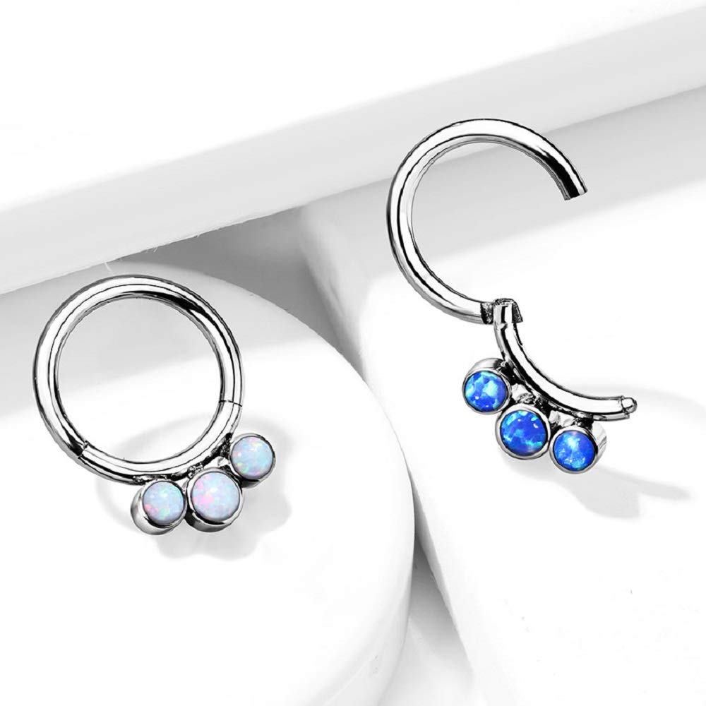Pierced Owl 16GA G23 Implant Grade Titanium Triple Bezel Set Synthetic Opal Lined Hoop Cartilage Helix Daith Septum Hinged Segment Ring (White, 10mm Diameter)