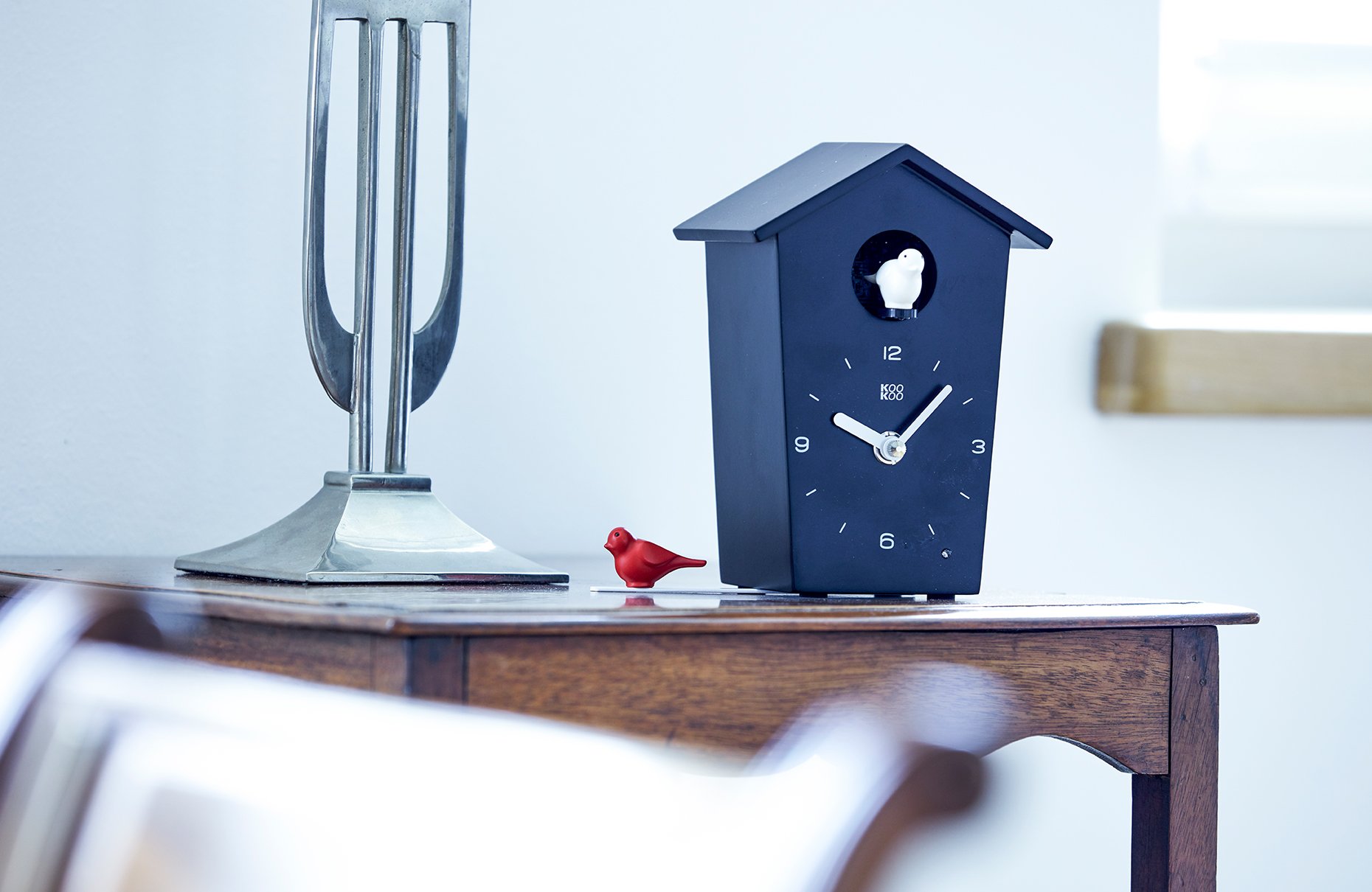 KOOKOO BirdHouse mini black, tiny modern cuckoo clock with 12 natural bird songs or cuckoo call