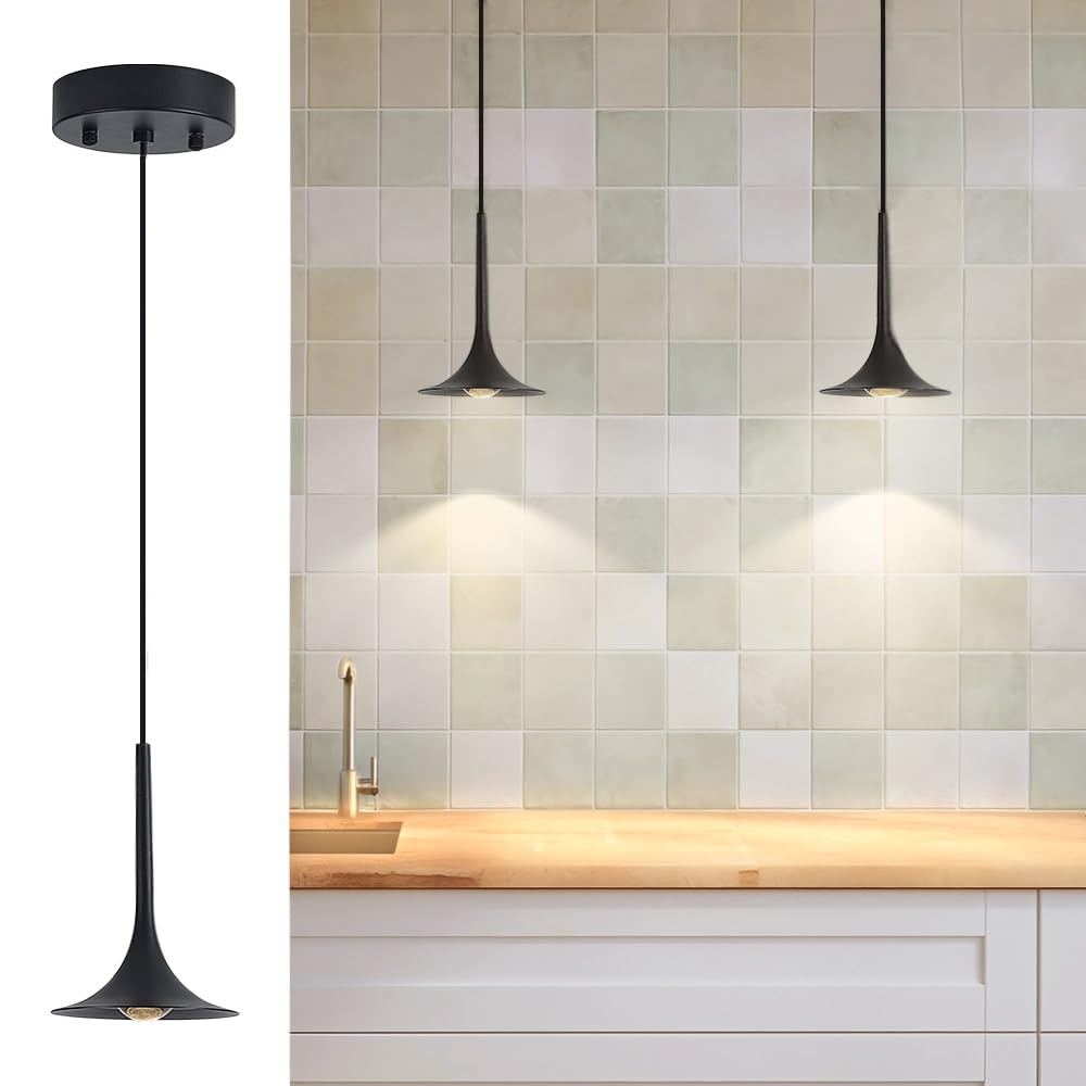 L.JUJAM Black Pendant Light for Kitchen Island, Mordern LED Dimmable Pendant Light Fixtures, Modern Hanging Pendant Lighting with 12W Kitchen Lights Island Dining Room Bathroom Bar (1-Light)