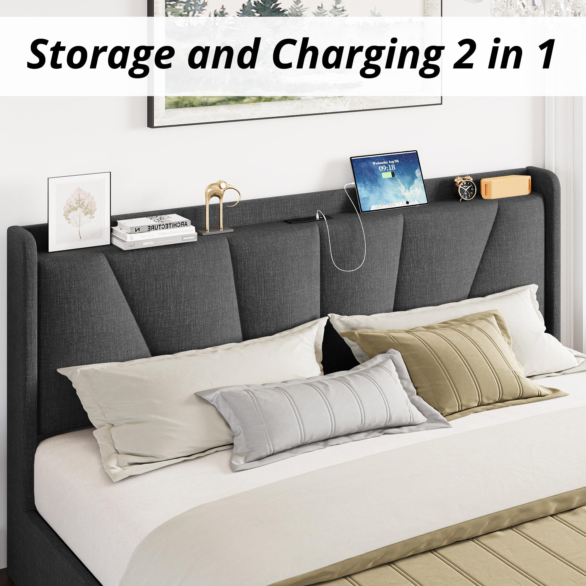 LIKIMIO King Bed Frame and Upholstered Headboard, Platform Bed with Storage Drawers and Outlets, Sturdy, Noiseless, No Box Spring Needed, Easy Assembly, Dark Gray