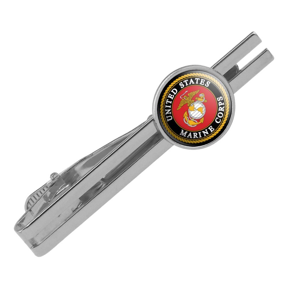 Marines USMC Emblem Black Yellow Red Round Tie Bar Clip Clasp Tack Silver