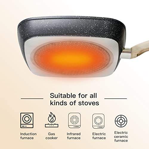 RUNHU Frying Pan, Granite Nonstick Omelet Pan, Durable Egg Pan, PFOA Free, Square Skillet Suitable for Gas Stove & Induction Cookware, 9 x 9.4 inch