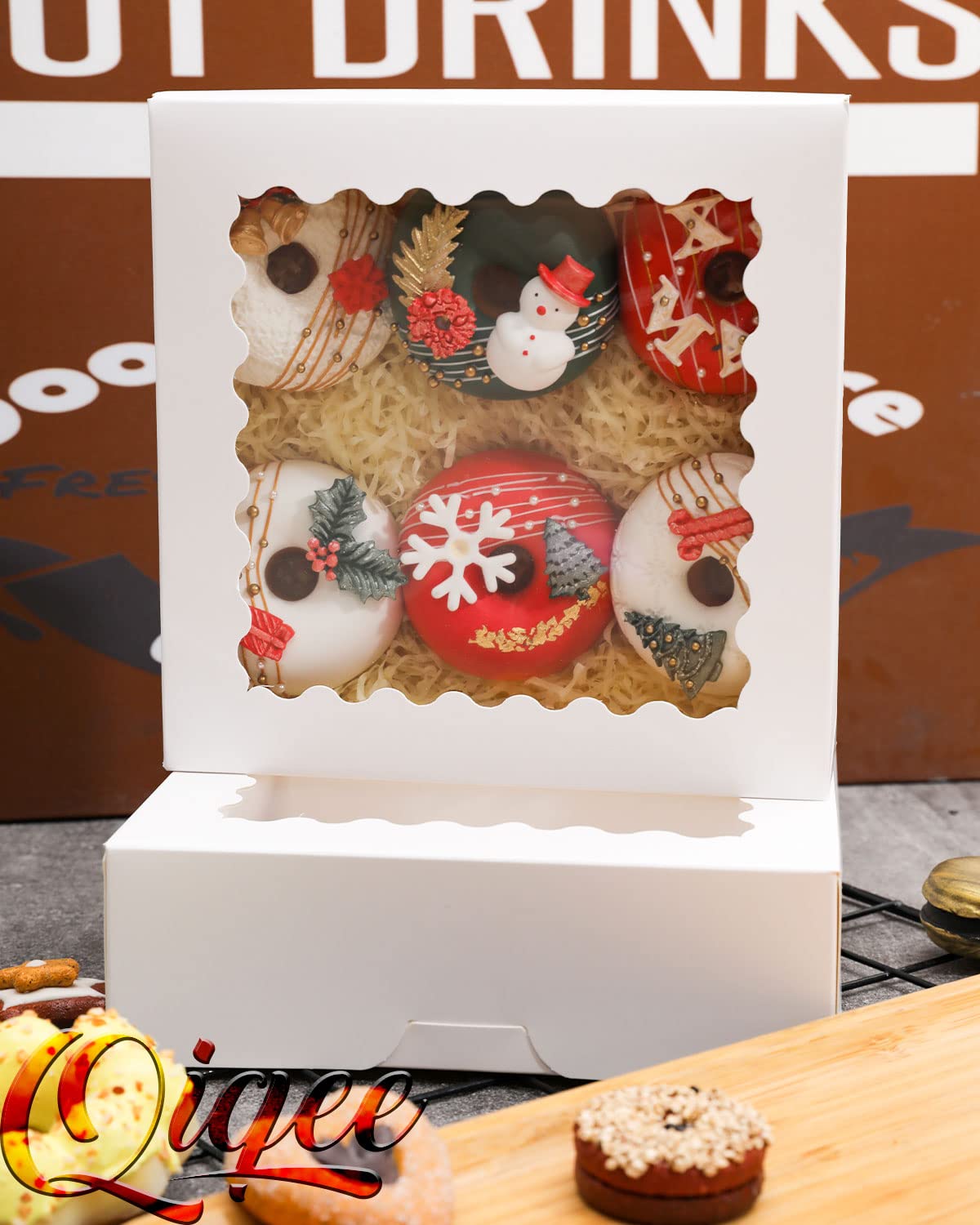 qiqee Auto-pop up 50 Packs Bakery Box With Window 8x8x2.5 inch White Pie Boxes Pastry Box