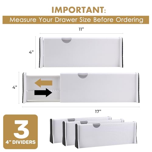 RAPTUROUS Adjustable Drawer Dividers 3 Pack, 4” High, 11-17” Long, Dresser Drawer Divider for Bedroom, Closet, Kitchen, Nursery Organization, Office, Strong & Sturdy Hold, Soft Foam Edges(White)