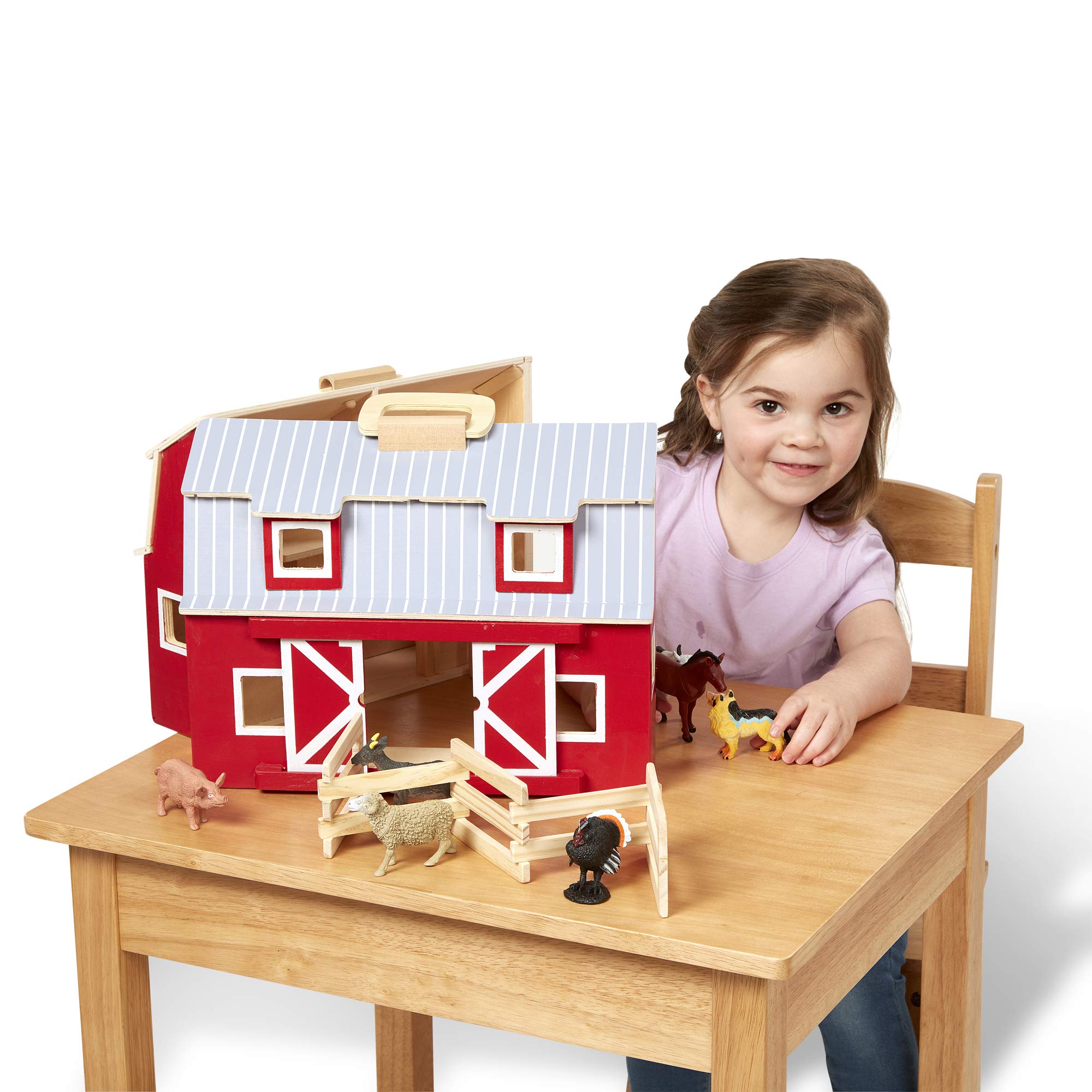 Melissa & Doug Fold & Go Barn Set: Multicolor Wooden Horse Carrier with 6 Animal Figures