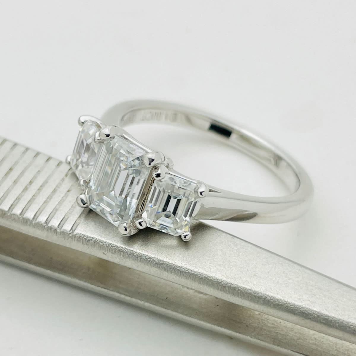 Sizeron Emerald Cut Moissanite Engagement Rings For Women Total 2.0ct 3-Stone Anniversary Platinum Plated Sterling Silver Size 5