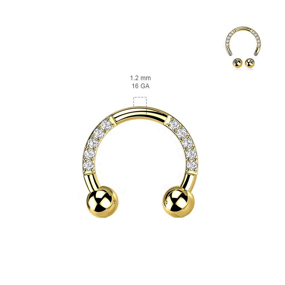 Pierced Owl 16GA G23 Implant Grade Titanium CZ Crystal Paved Sides Circular Horseshoe Barbell (Black/Clear)