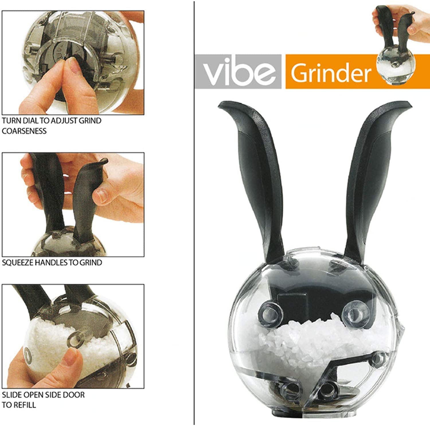 RROAD Manual Salt and Pepper Mill Set ,Mini Manual Black Pepper Grinder Multifunction Cruet Spice Grinder Ball Shape Black Rabbit Ears Design Kitchen Tools(2Pcs)