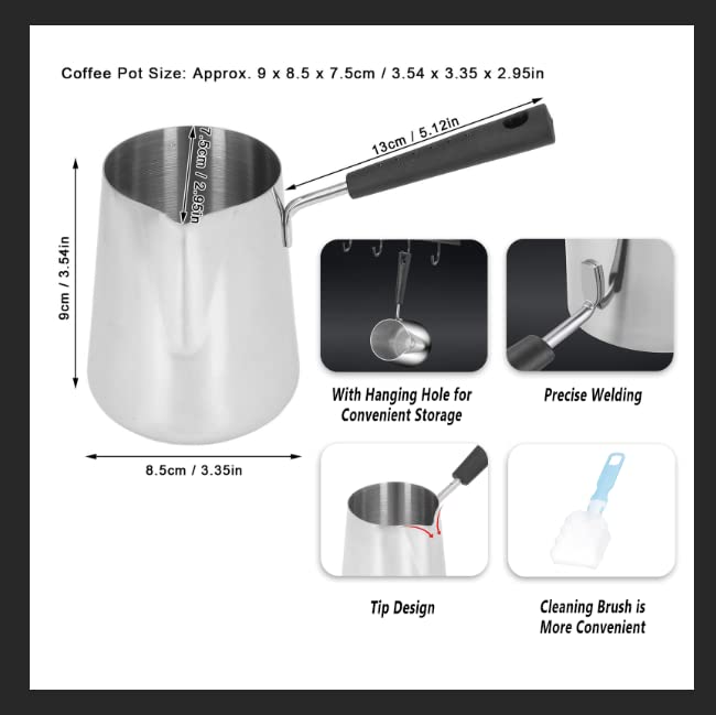 Pilipane 12oz Turkish Coffee Heat Pot, Milk Butter Warmer Pot, tovetop Melting Boiling Pot with Spout, Arabic Coffee Maker for Maple Syrup, Sauce Heating, 18/8 Stainless Steel