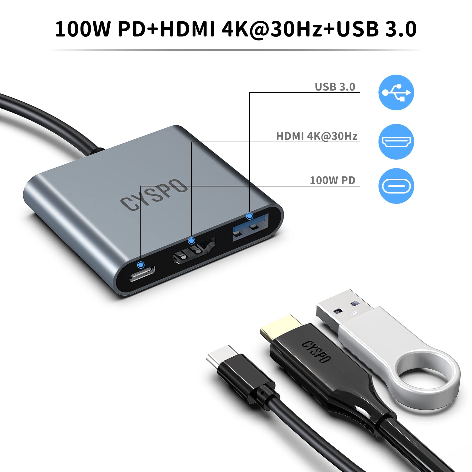 USB C to USB 3.0/HDMI/Fast Charging Adapter, Type C to 4K HDMI USB 3.0 100W PD Charger Port Compatible with Windows, Linux, XP, Vista and More
