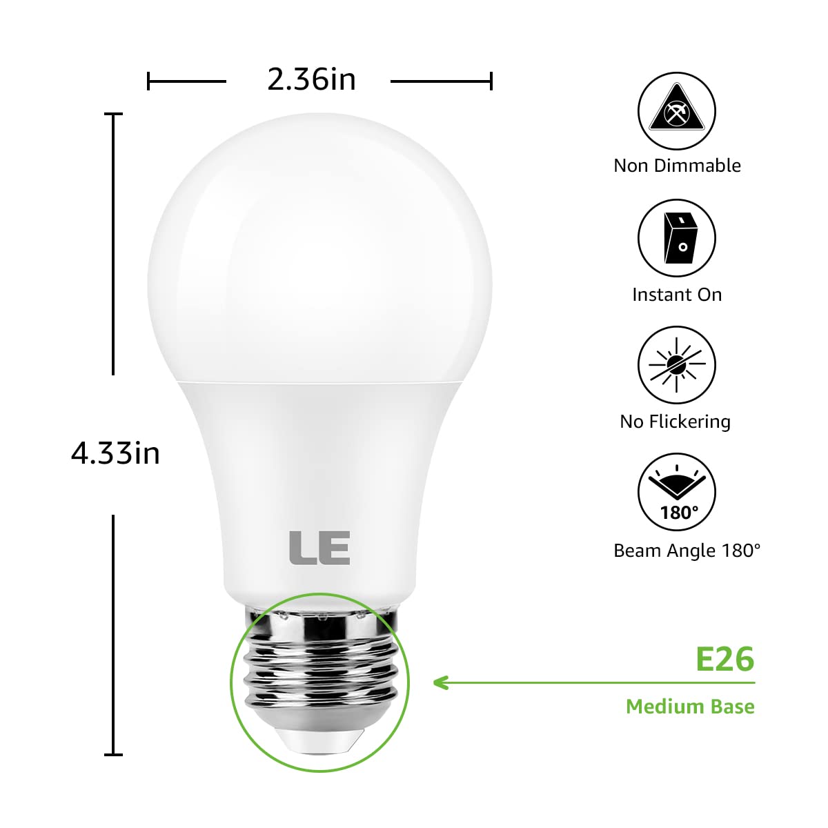 LE LED Light Bulbs 60 Watt Equivalent, 8.5W Daylight White 5000K Non-Dimmable, A19 E26 Standard Medium Base, 11000 Hour Lifetime, Pack of 6
