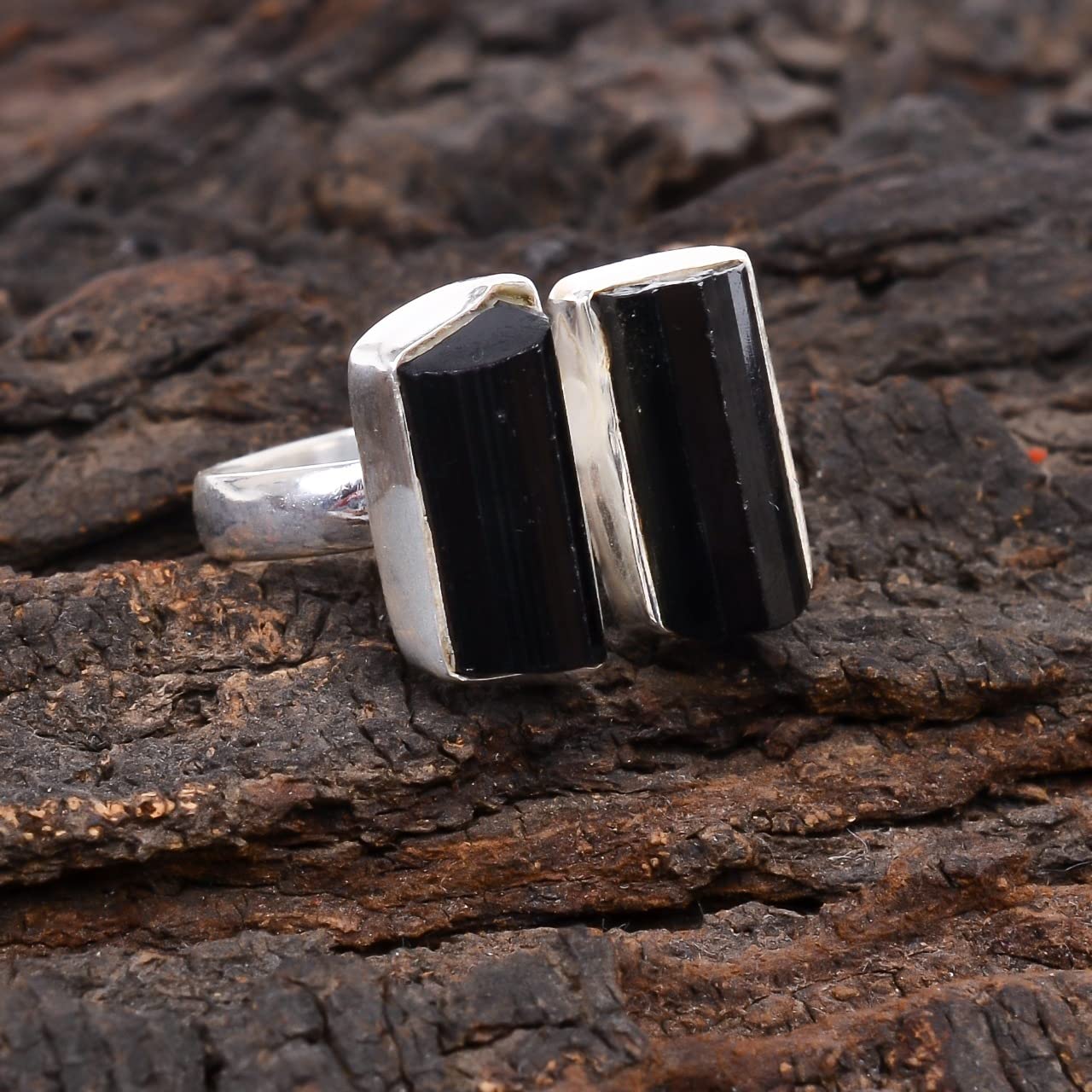 Raw Black Tourmaline Gemstone Twisted October Birthday Stone Rings, 925 Sterling Silver Ring RSR3088 (9)