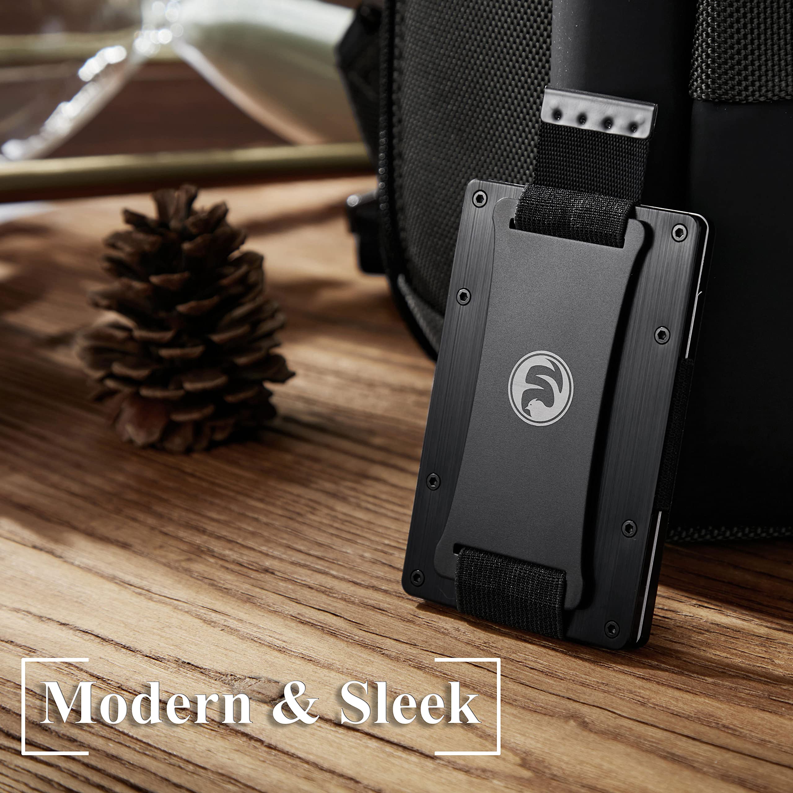 Men Minimalist Metal Wallet with Cash Strap | Wood American Flag | Slim Pocket RFID Blocking Pull Card Holder | Personalized Aluminum EDC Tactical Wallets | Money Case Carbon Fiber