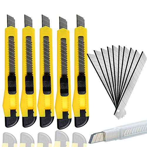 WEKOIL Art Craft Utility Knife Pack 5 Snap off 9mm Cutter with 10 Extra Carbon Steel Blades, Yellow