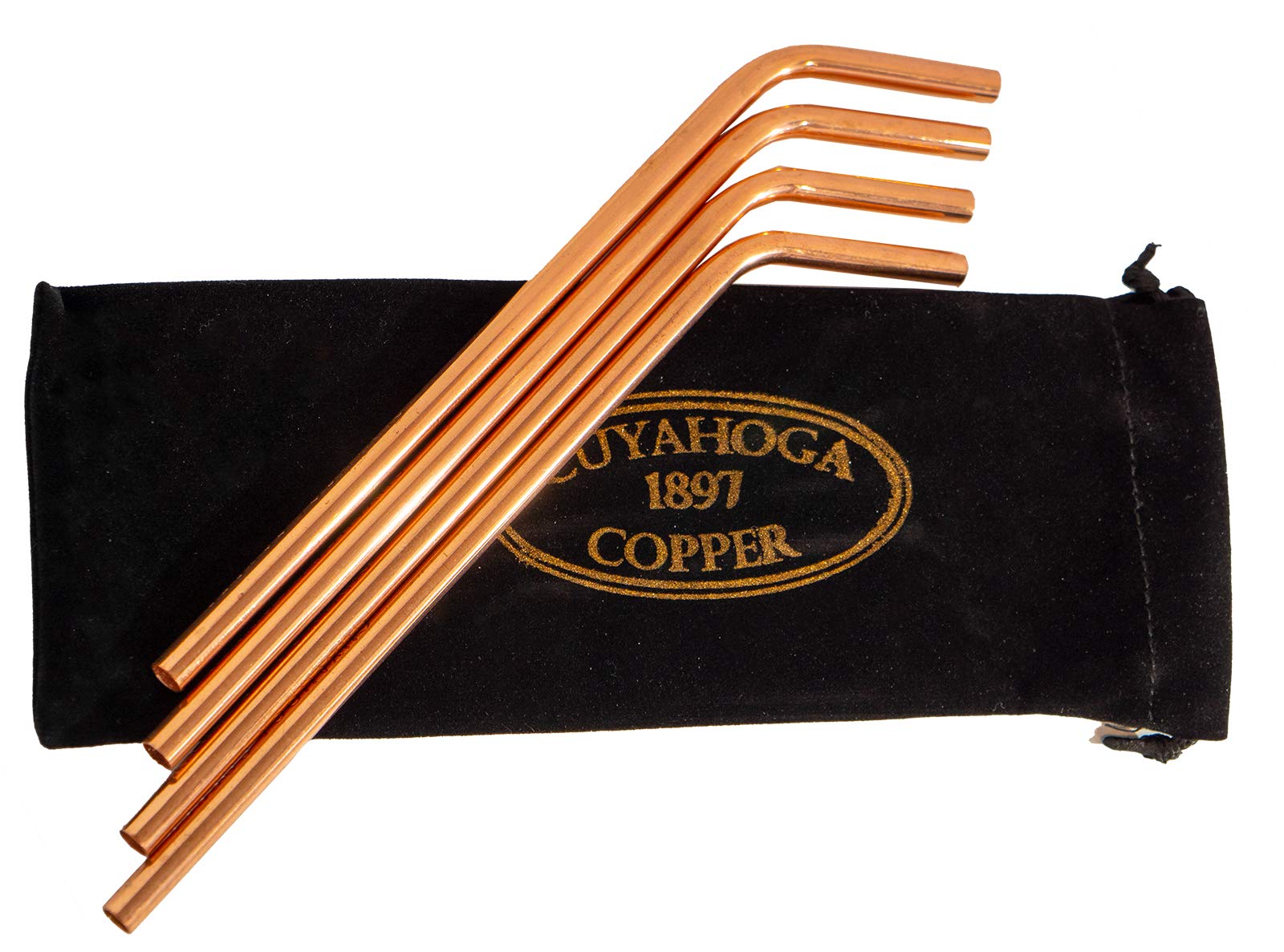 Set of 4 - Bent Pure Copper Drinking Straws in Black Velvet Bag with Cleaning Brush. Part of the 1897 Collection from Cuyahoga Copper