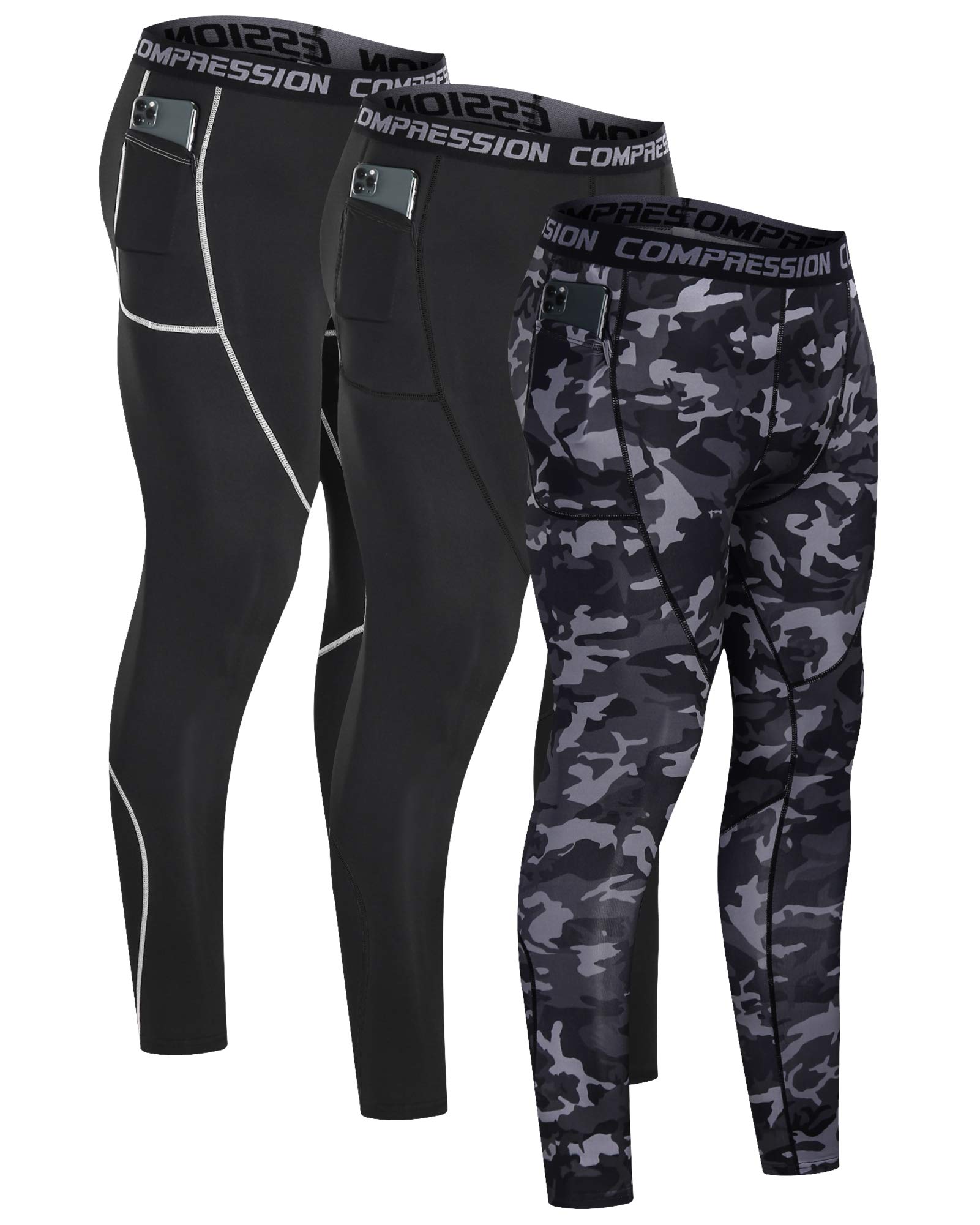 Milin Naco Men's Compression Pants, Cool Dry Baselayer Running Sports Tights with Pocket, Pack of 3-Camo Black/Black/Athletic Black-X-Large