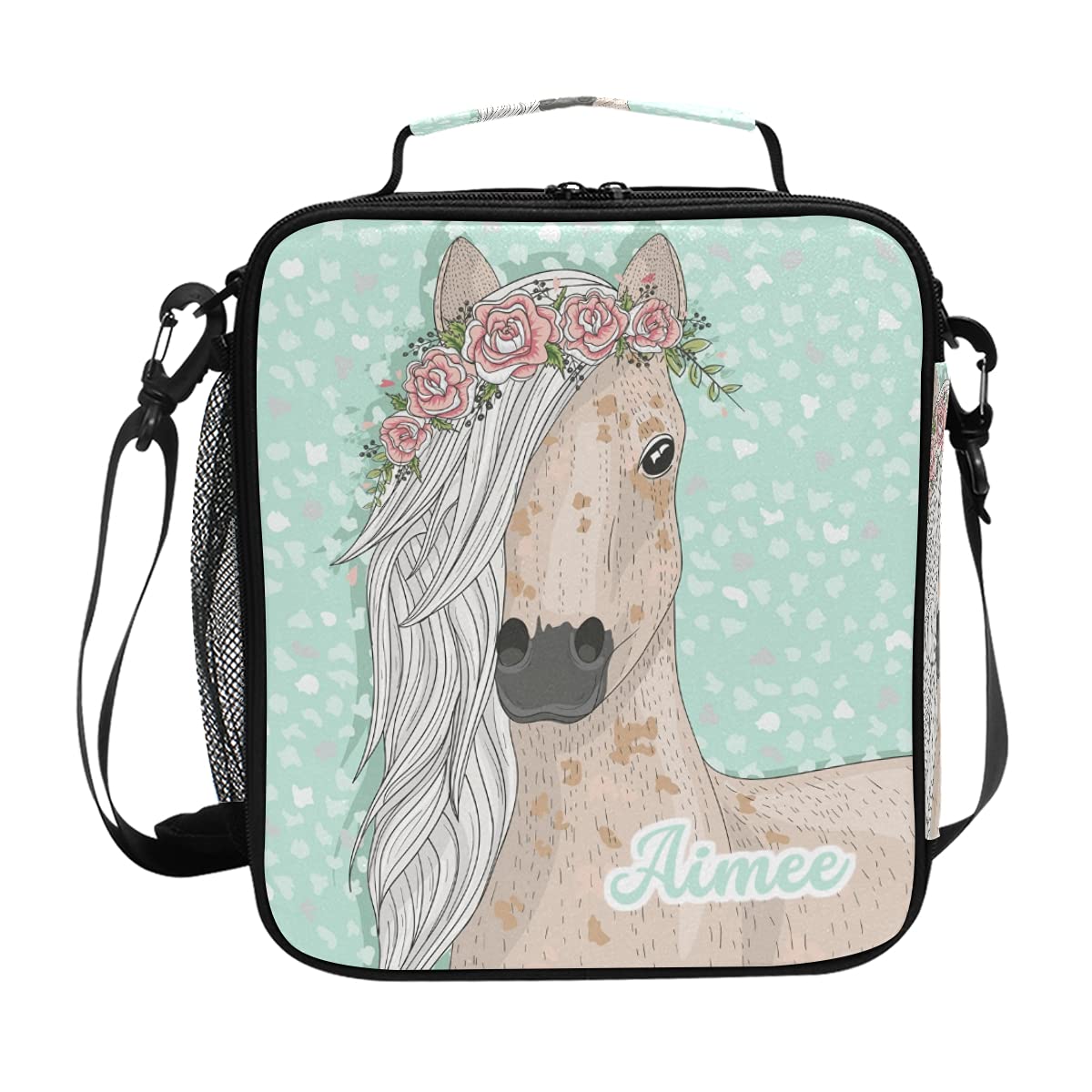 RunningBear Custom Cute Horse Flowers Lunch Bag Personalized Reusable Insulated Lunch Box Bag with Adjustable Strap Portable Travel Zipper Organizer for Adults, Kids, Prepschool