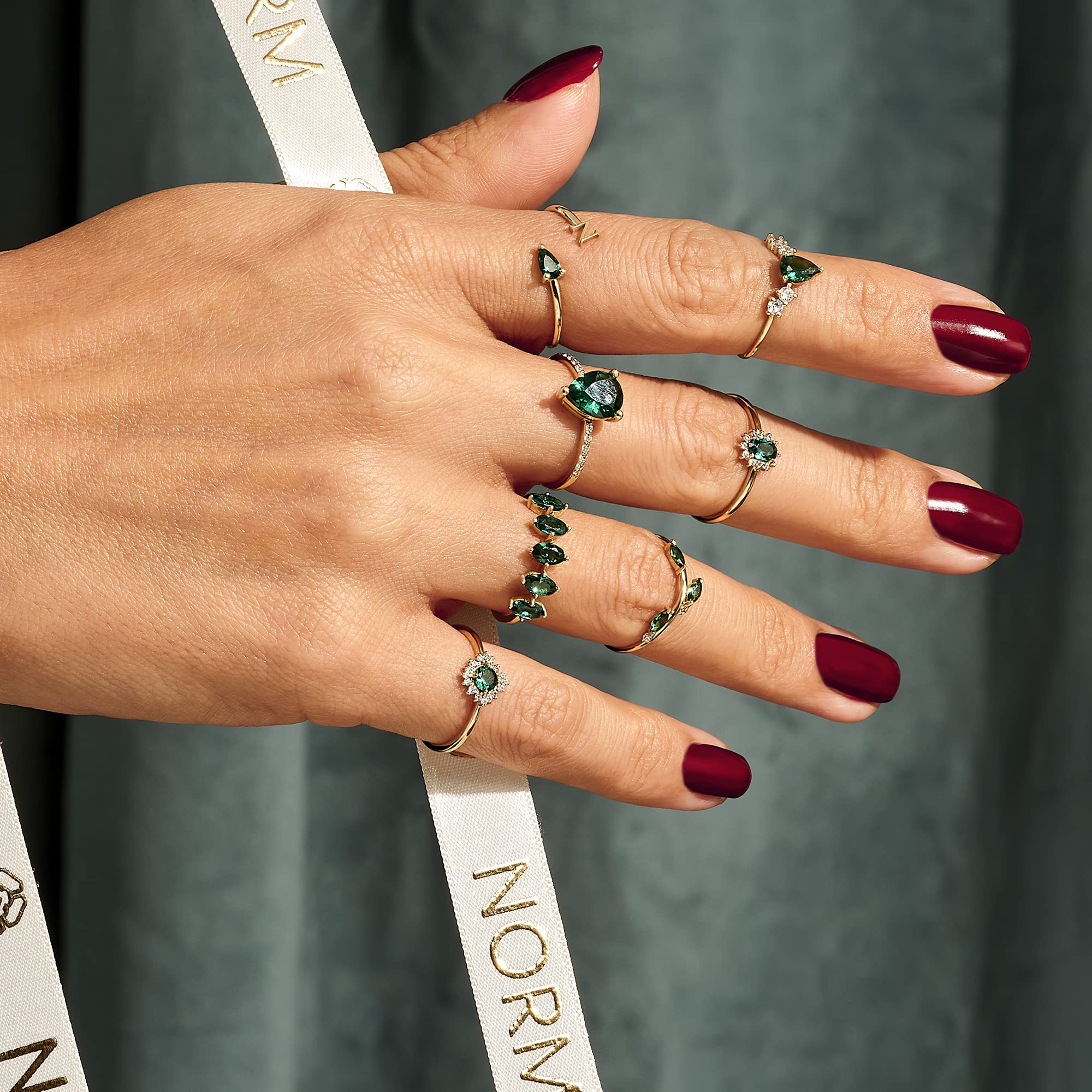 Norm Jewels 14k Gold Leaf Wedding Bands for Women Emerald Stackable Rings May Birthstone Stacking Rings Yellow Gold Rings (Yellow Gold, 3.5)