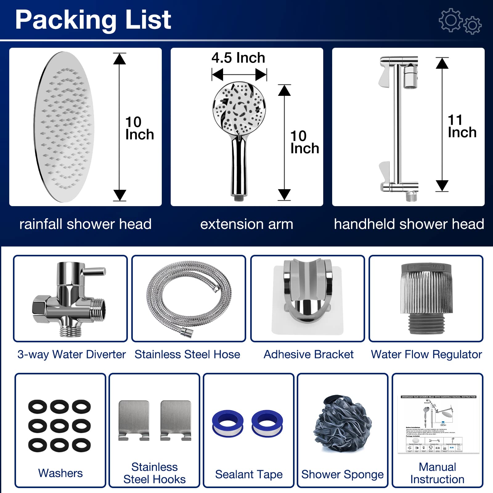 Ordenado Shower Heads with Handheld, 10" Rainfall Shower Head and 9-Setting High Pressure Handheld Shower Heads Combo, Dual Big ShowerHead with 11" Adjustable Extension Arm and 60" Stainless Hose