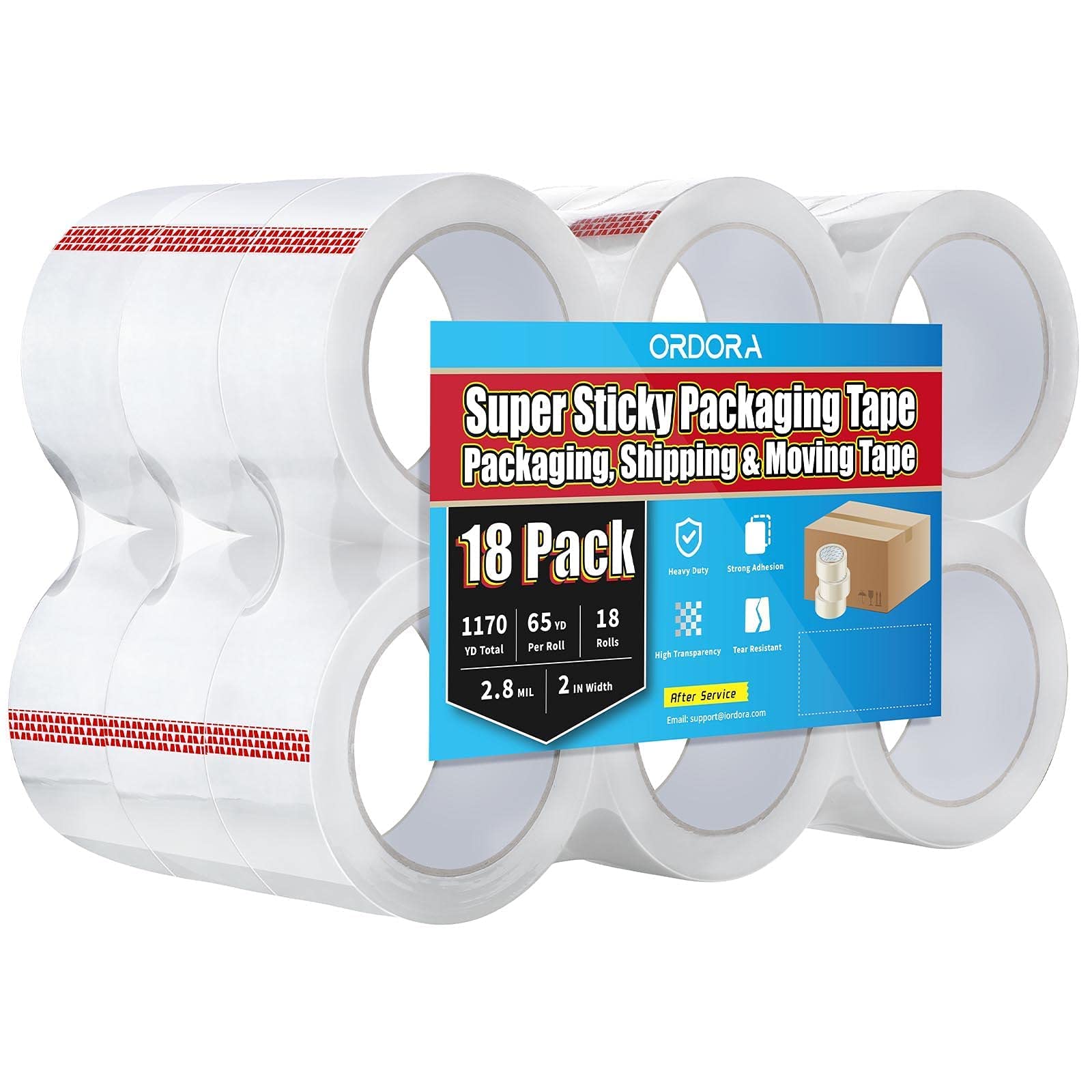 ORDORA Packing Tape, Packaging Tape for Moving Boxes, Super Sticky Shipping Tape, Heavy Duty Packing Tape Rolls, 2IN Width Moving Tape, Boxing Tape (18 Rolls (65yd-Roll))