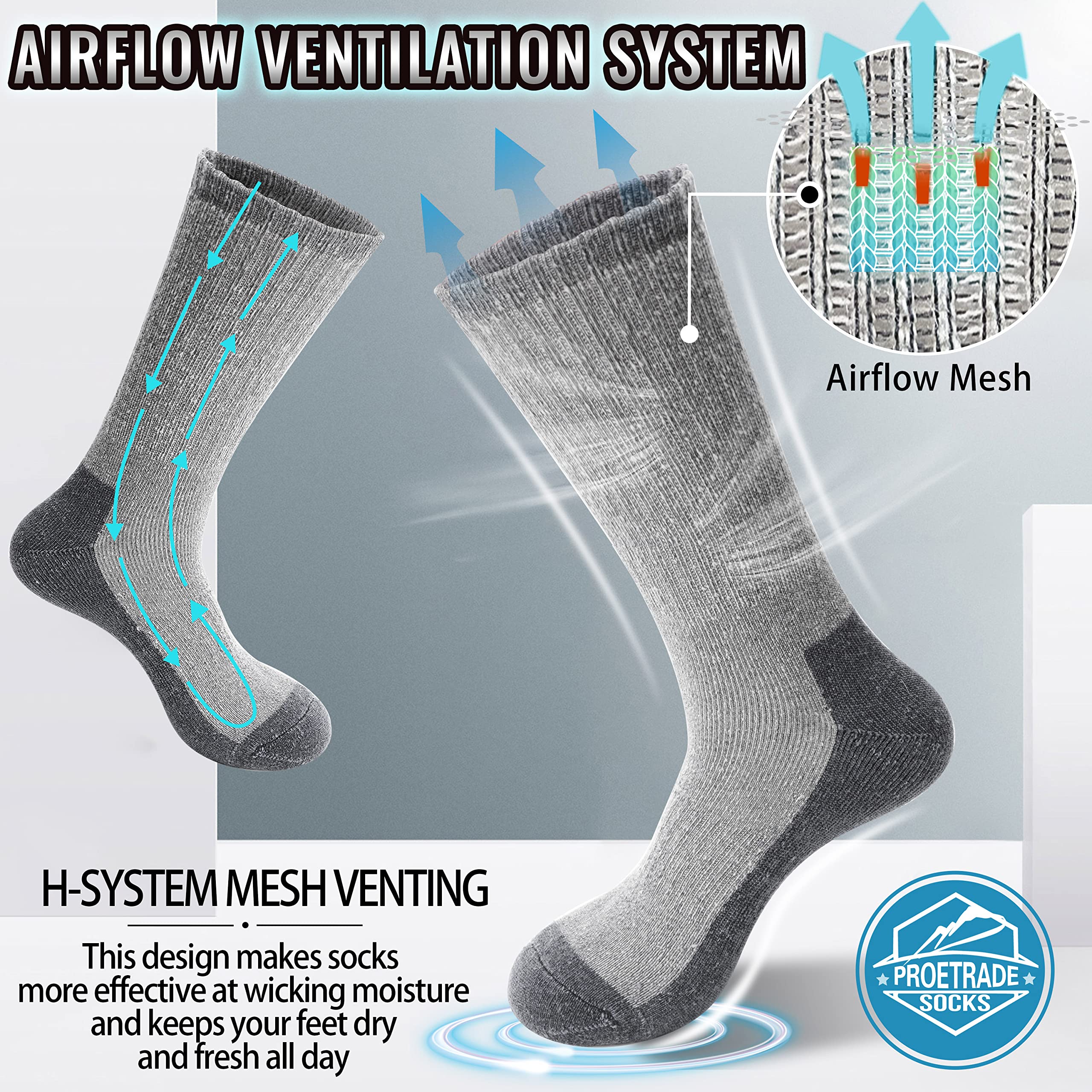 ProEtrade Merino Wool Hiking Socks for Mens Thermal Warm Winter Crew Thick Cushion Boot Work Stockling Stuffers Gift Socks 4 Pairs(Grey,M)