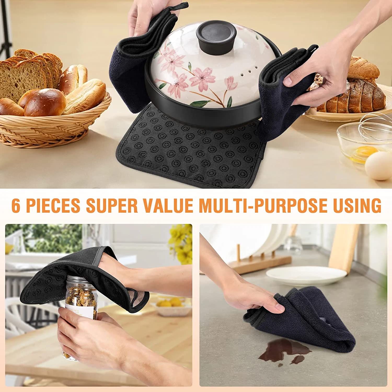 Oven Mitts and Pot Holders Set: 500℉ Heat Resistant Oven Gloves with Ovenmitts Hotpads and Kitchen Towels - Extra Long Kitchen Mittens and Potholders with Non-Slip Silicone Surface Safe for Cooking