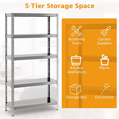 Tangkula Garage Storage Shelves, 5-Tier Metal Shelves for Storage, Shelving Unit with Foot Pads, Heavy Duty Storage Rack, 2866LBS Load Capacity, Bolt-Free Assembly, 39 x 16 x 77 Inches (1, Silver)