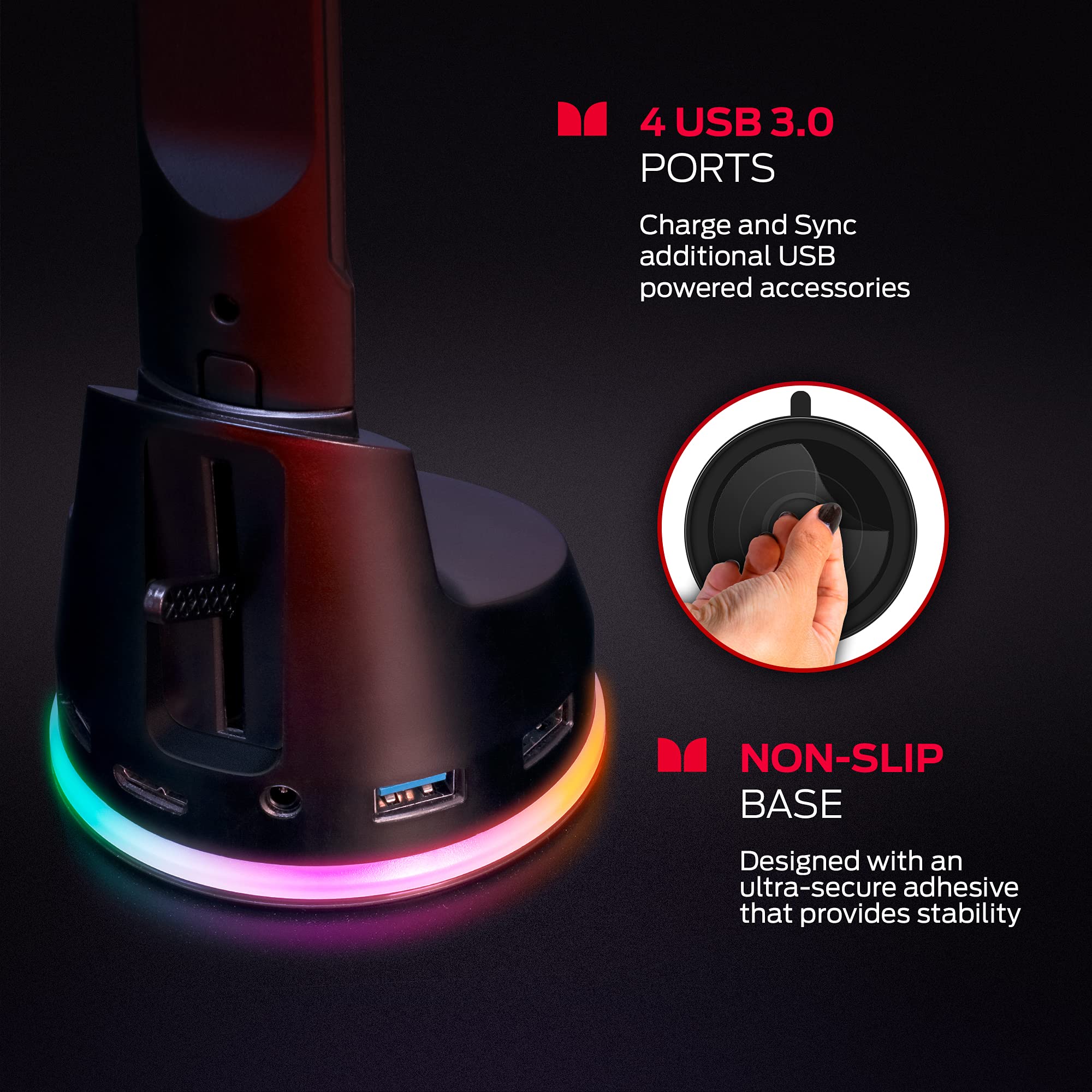 Monster Dual Gaming Headset Stand with 4 USB 3.0 Ports, and RGB Changing LED Effects, for Wired or Wireless Headphones, Black (2MNGH0167B0E2)